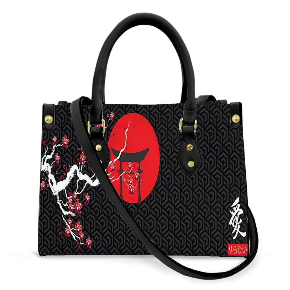 Red Circle Sakura Branches Black Background Shoulder Bag Pu Leather ...
