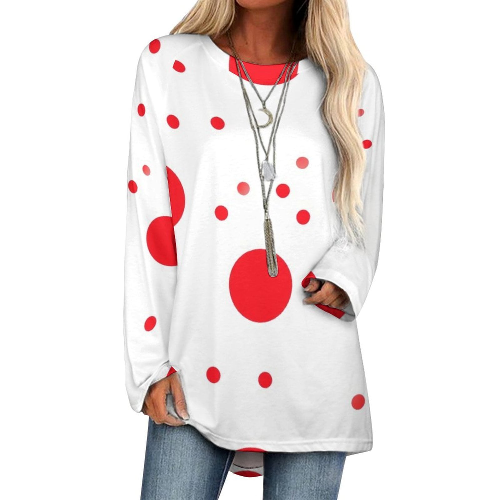 Red Circles White Background 3D Print Women Long Sleeve T Shirt Oversized Streetwear Tees Top ...