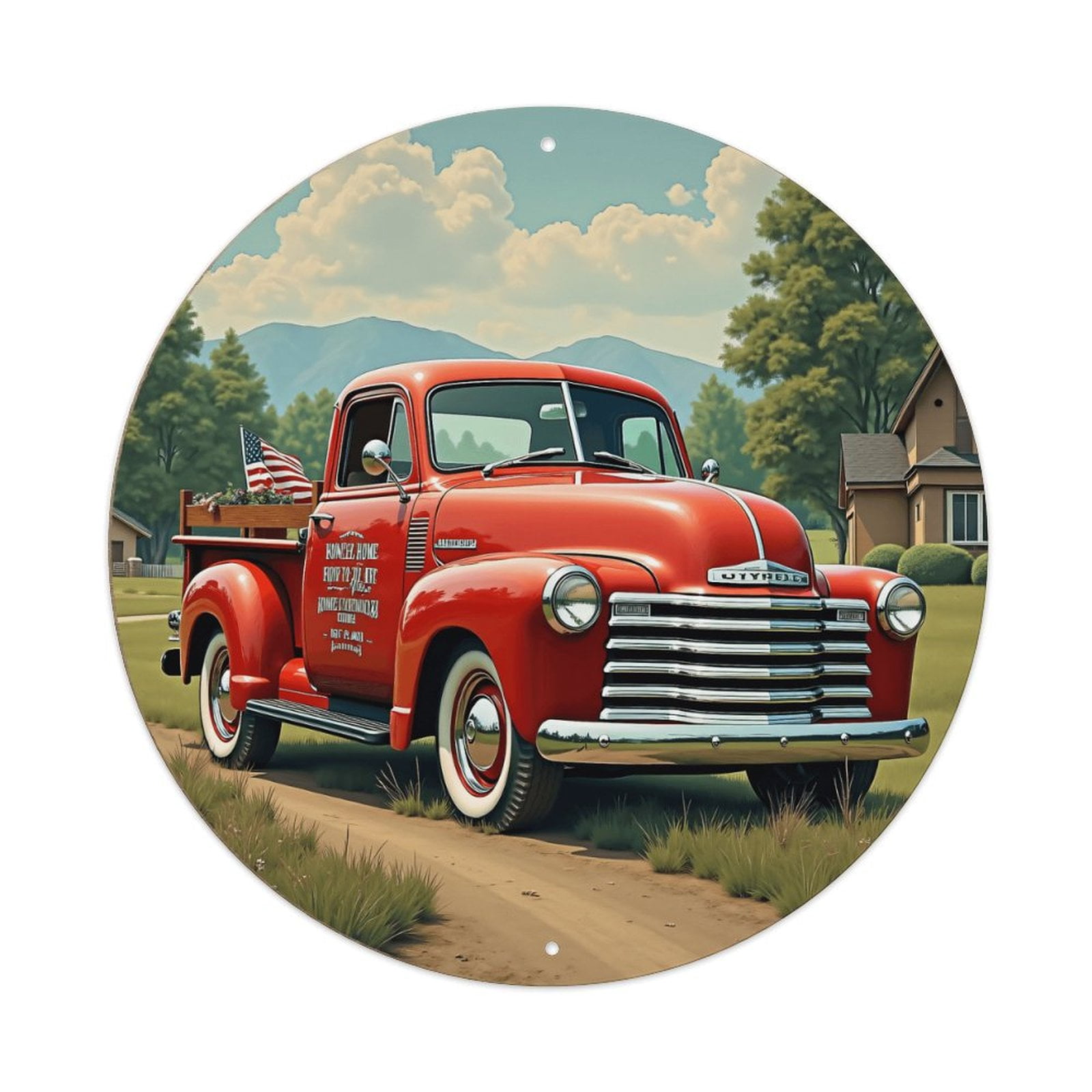 Red Classic Car Vintage Truck American Flag Vintage Round Metal Tin ...
