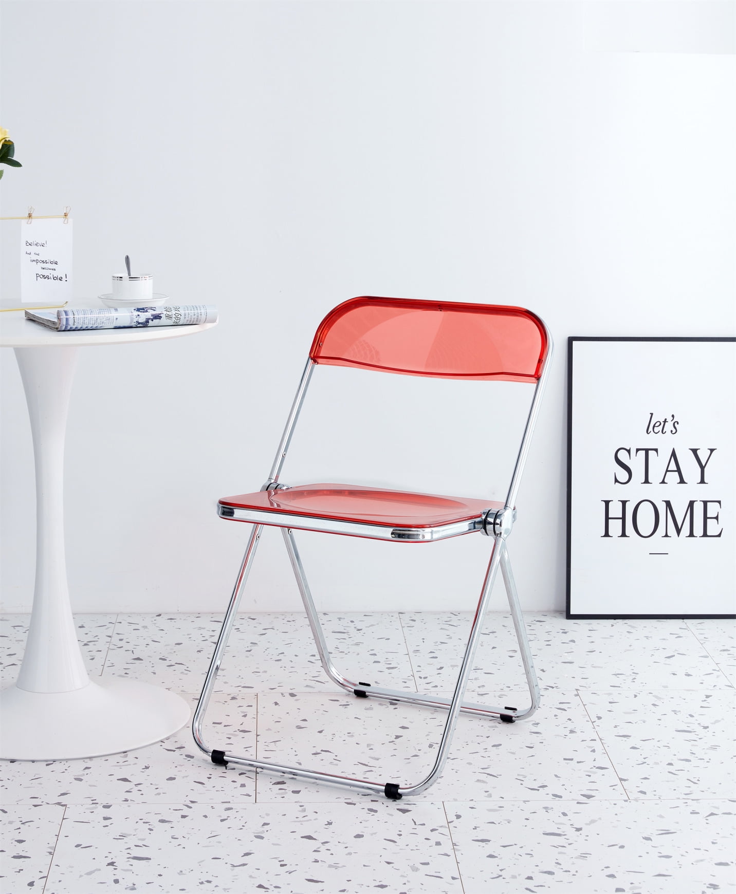 Red Clear Transparent Folding Chair with Back, Steel Foldable Dining ...