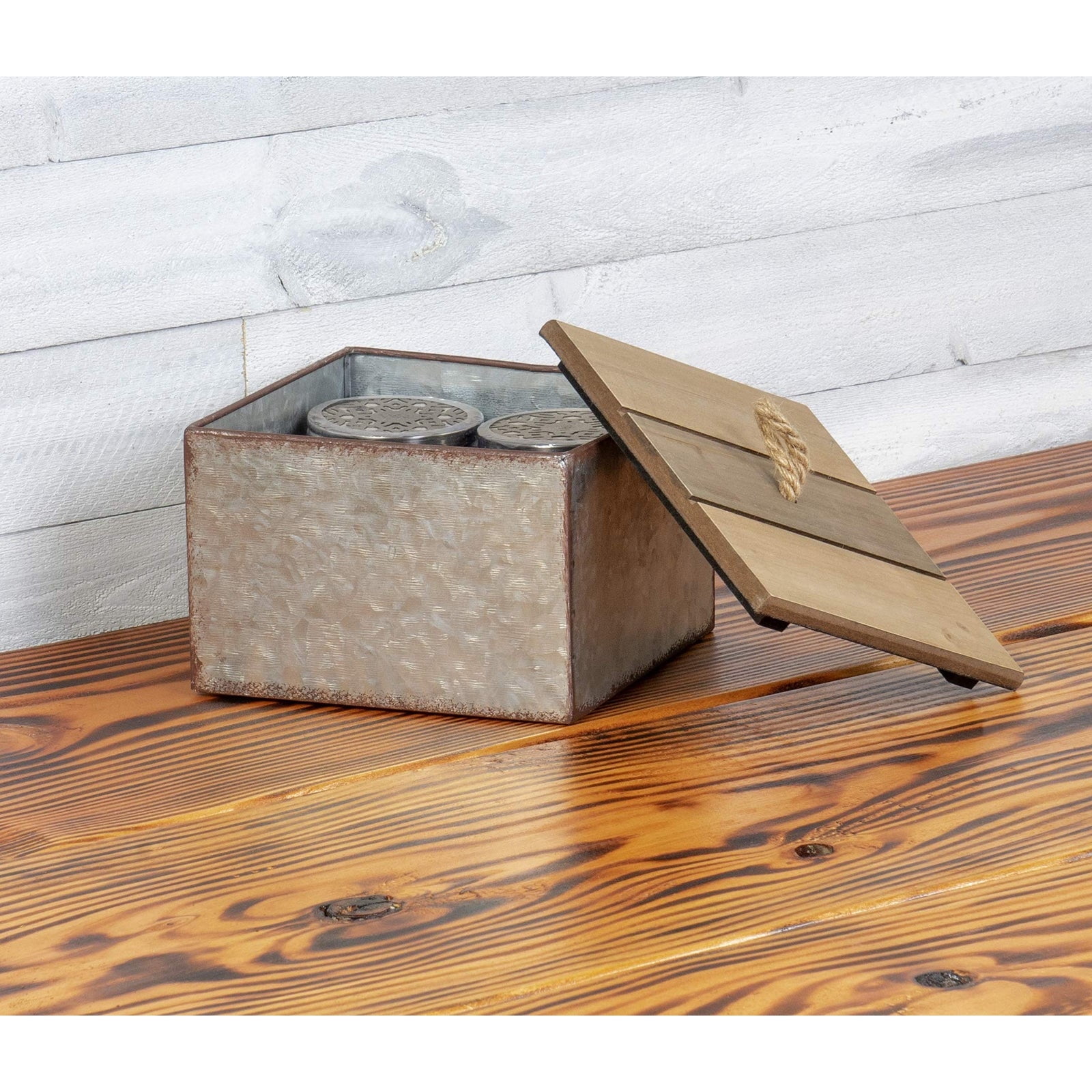 Red Co. 7" x 7" Rustic Galvanized Metal Square Storage Box with Wooden ...