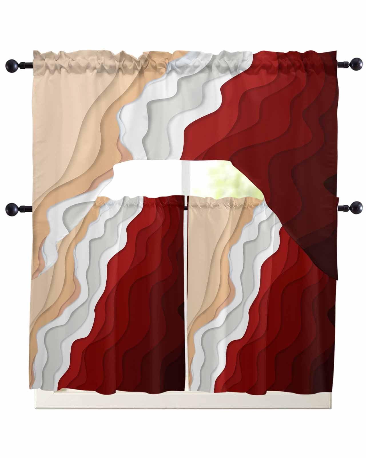 Red Coastal Beach Kitchen Curtains Swag Valance and Tier Curtains Set ...