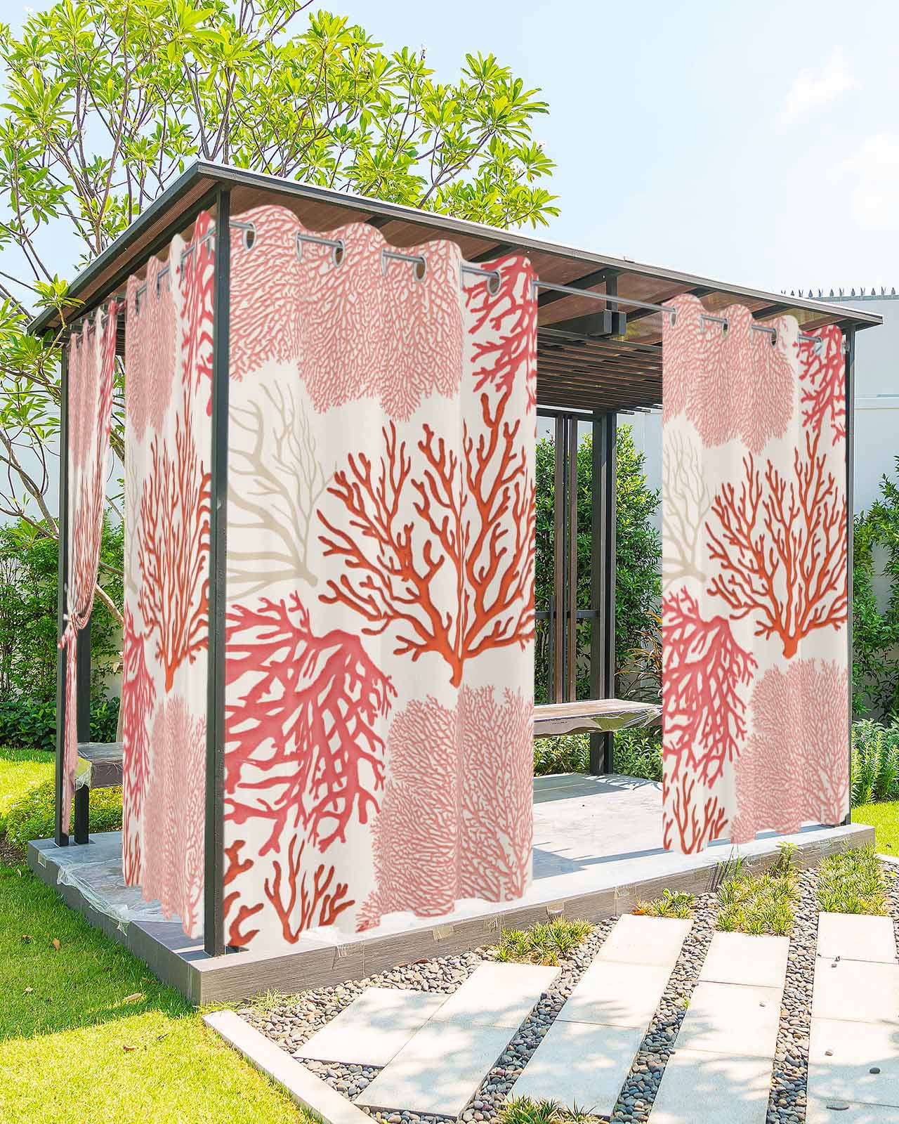 Red Coastal Outdoor Curtains for Patio Waterproof,Vintage Coral Ocean ...