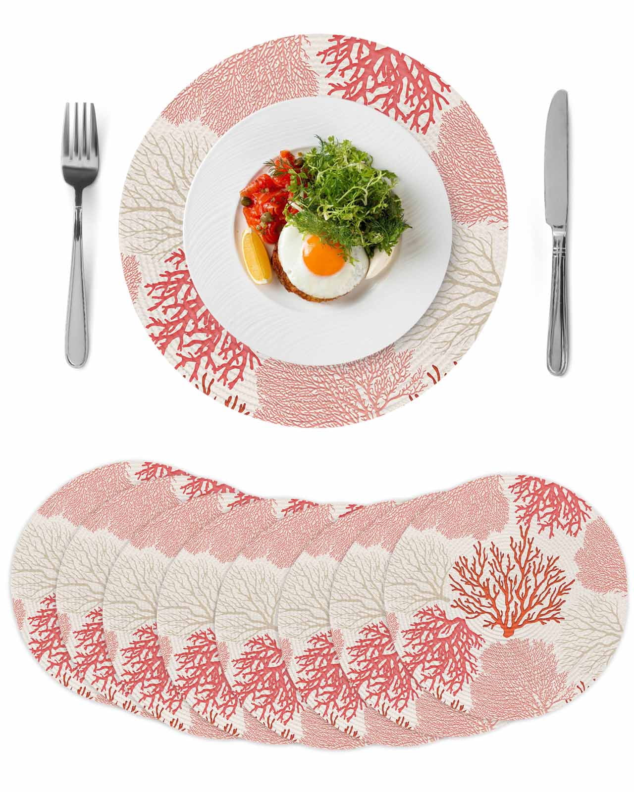 Red Coastal Round 13 Inch Placemats Set of 8, Vintage Coral Ocean ...