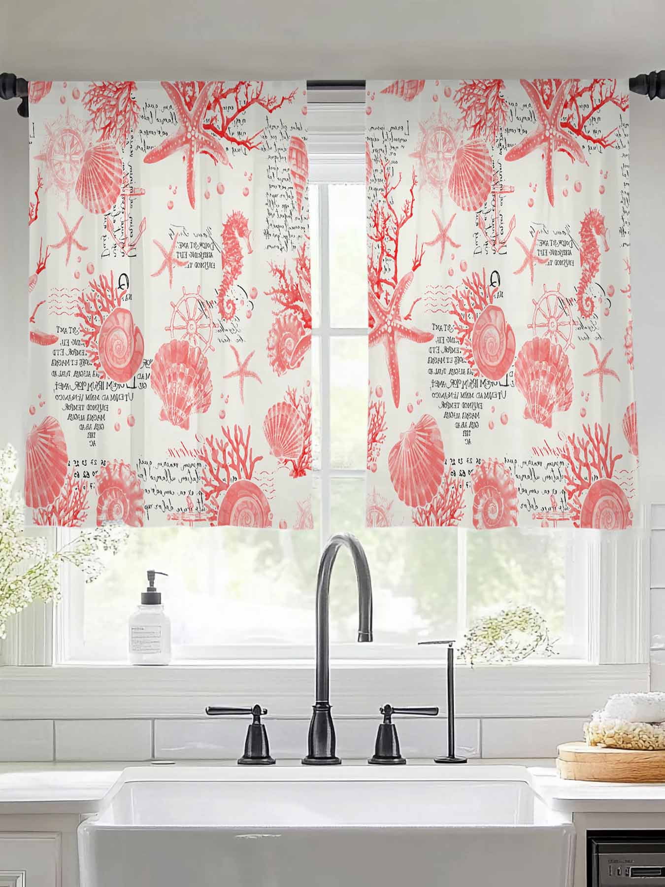 Red Coastal Shells Sheer Curtains for Living Room Bedroom Vintage ...