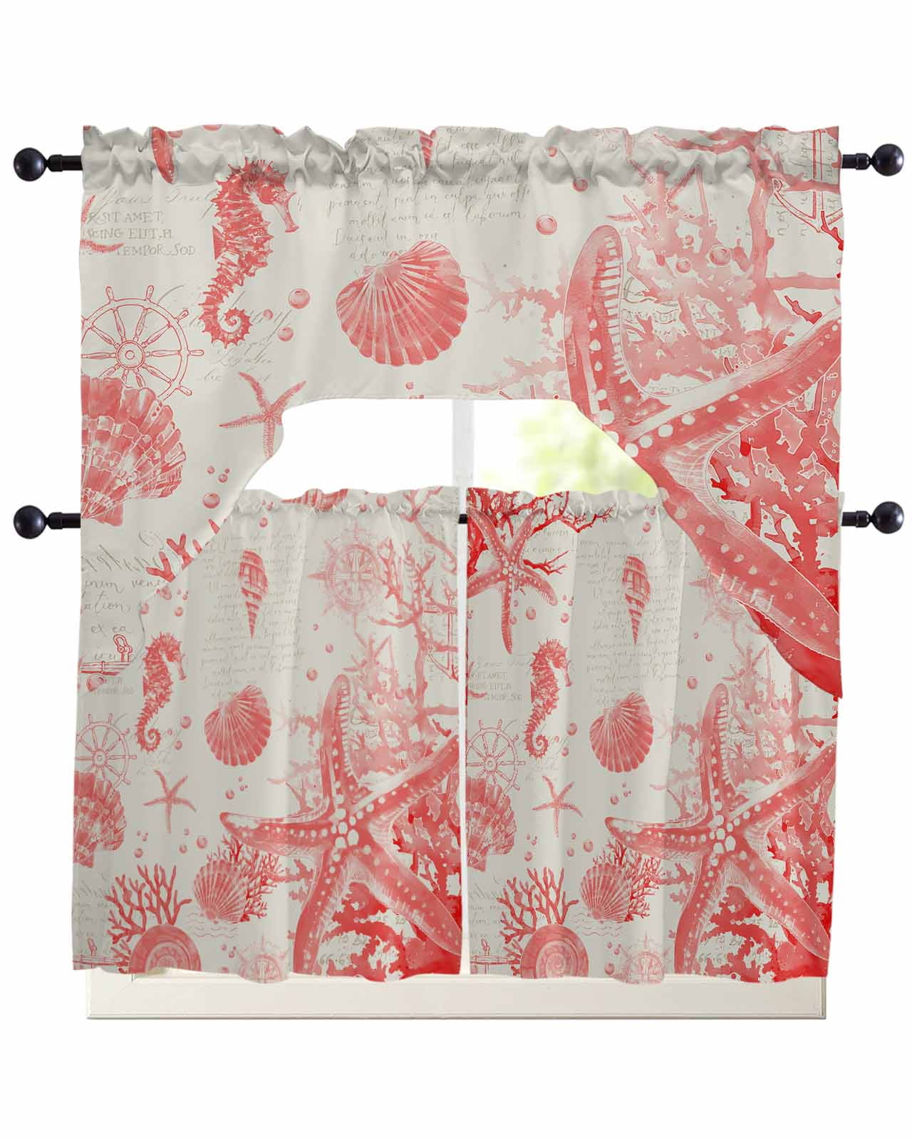 Red Coastal Starfish Kitchen Curtains Swag Valance and Tier Curtains ...