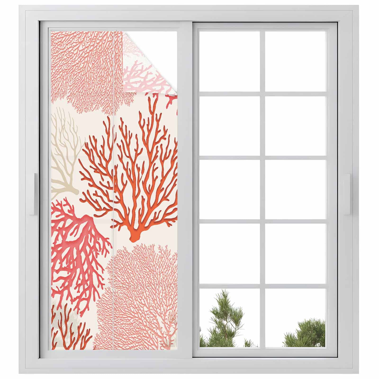 Red Coastal Window Privacy Film, Vintage Coral Ocean Modern Sea ...