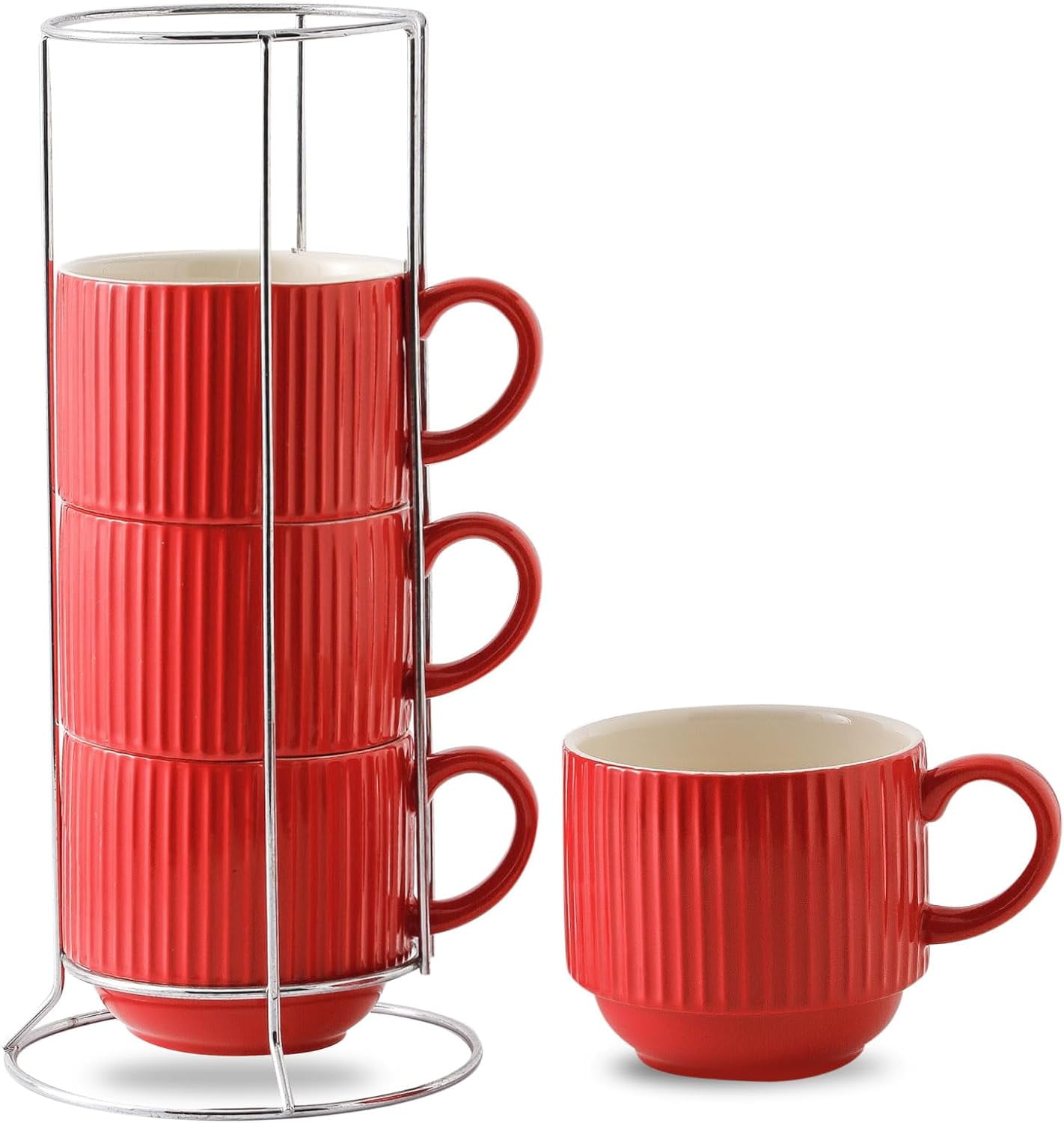 Red Coffee Mugs, 15 oz Stackable Coffee Cups Set of 4 with Rack ...