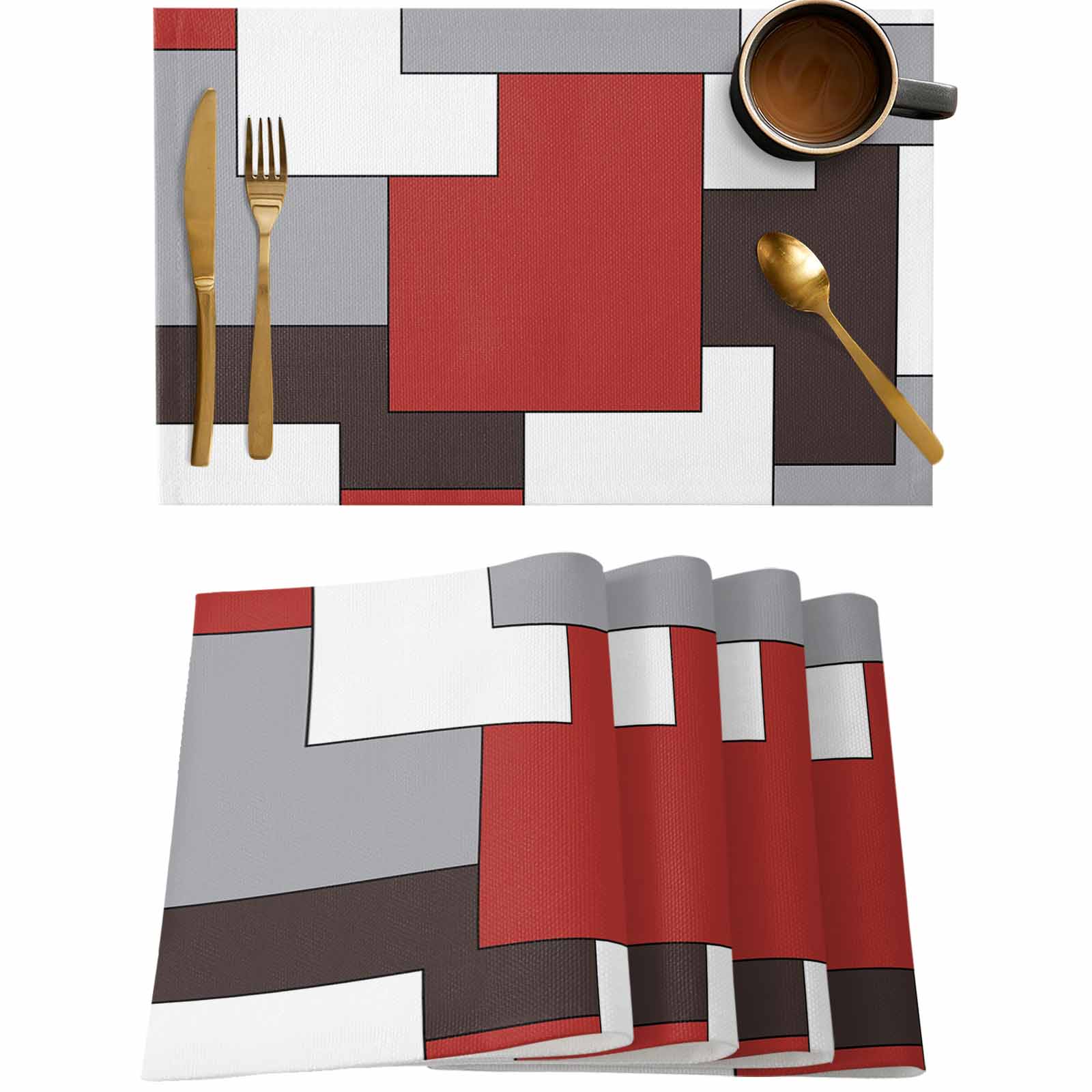 Red Color Block Grey Abstract Geometric Placemats Set of 4,Wipeable ...