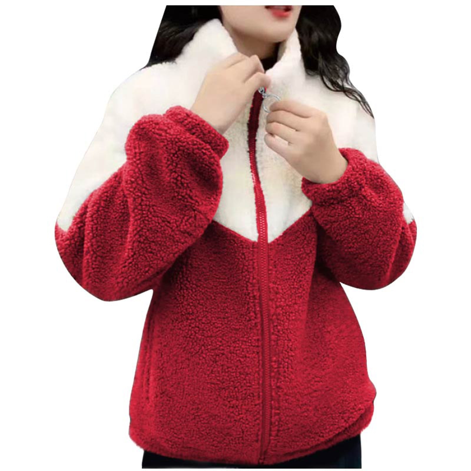 Red Color Block Loose Fit Jackets for Women Fall Winter Long Sleeve ...