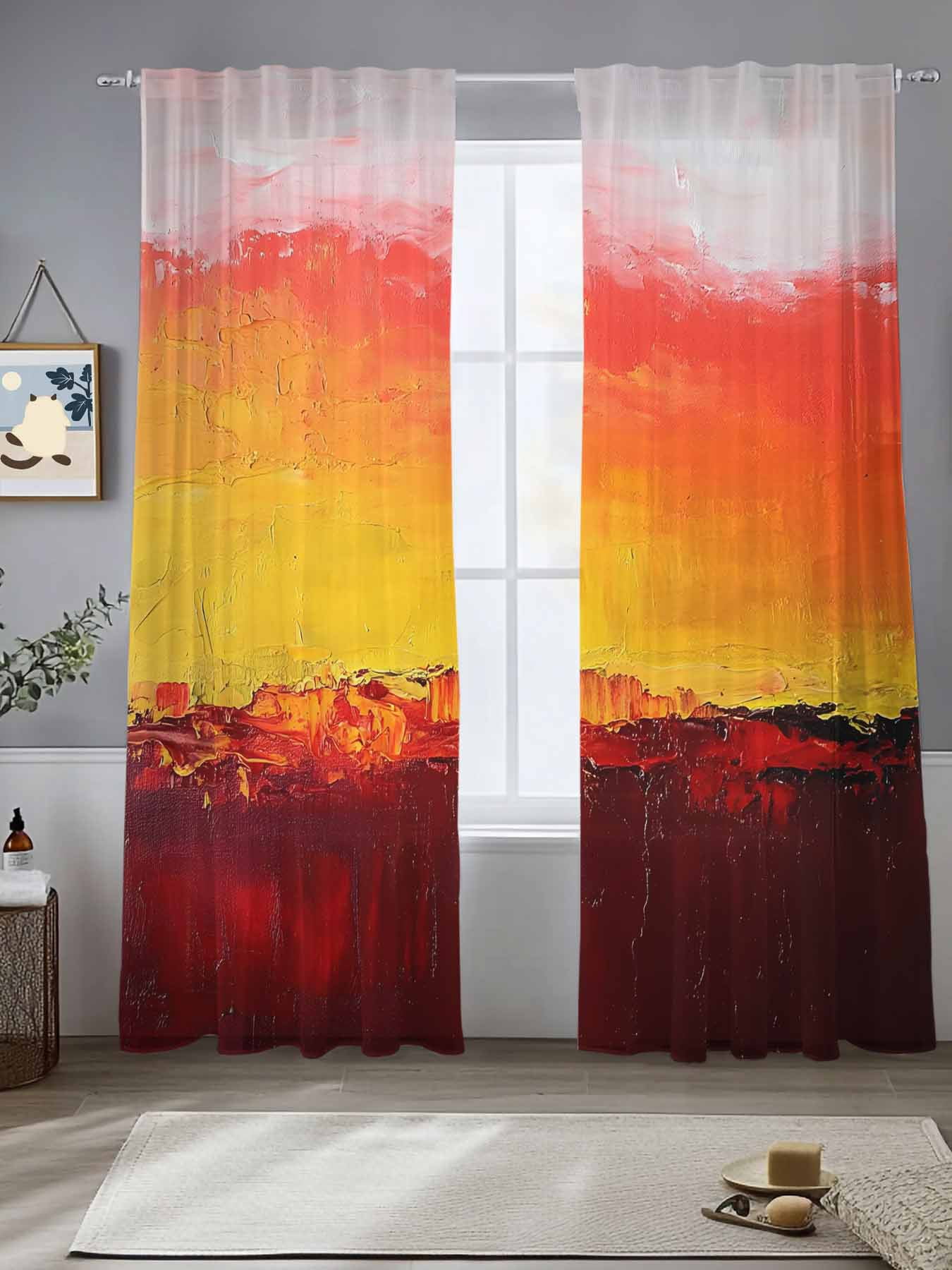 Red Color Block Sheer Curtains 96 Inches Long 2 Panels Impressionist ...