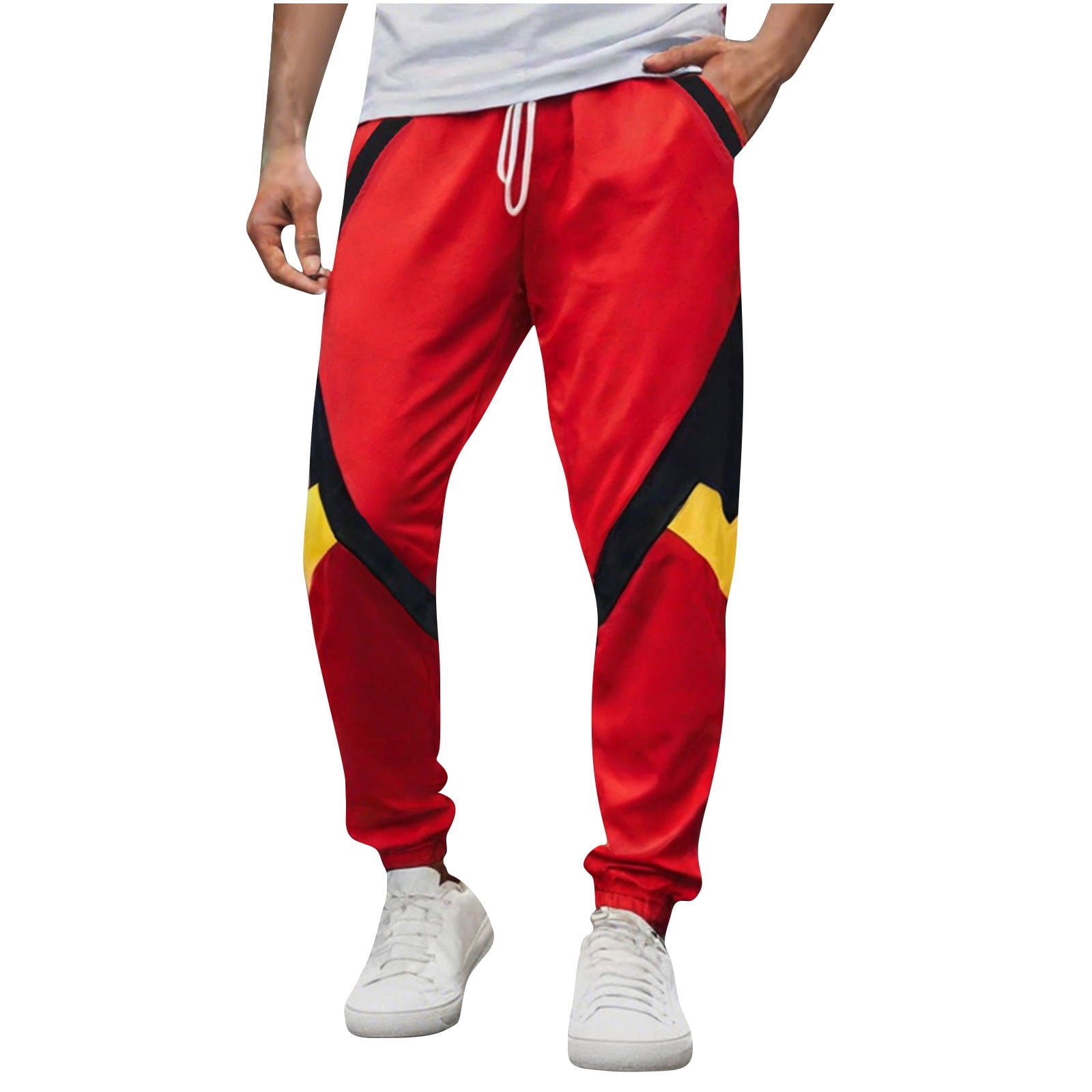 Red Color Block for Mens Fall Summer Sport Gym Lounge Jogger Straight ...