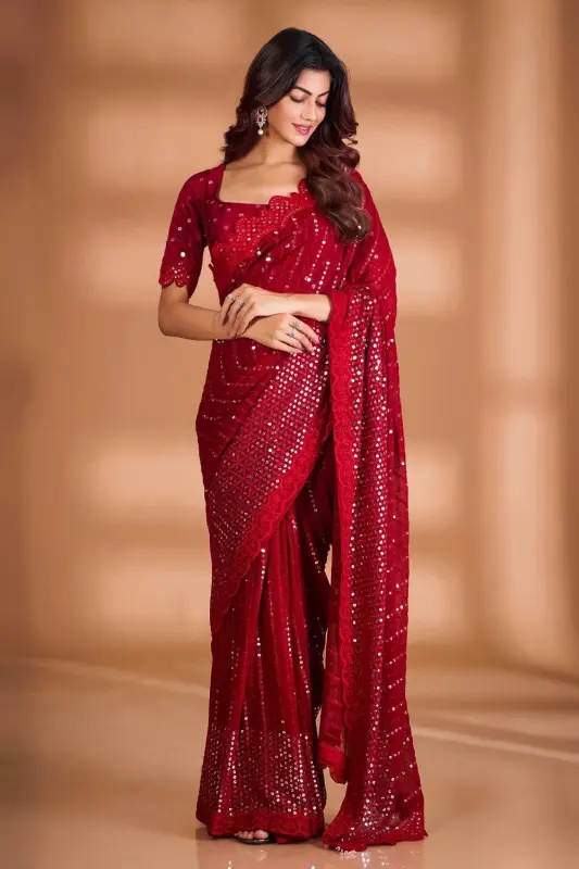 Red Color Saree Blouse Embroidery Sequins Thread Work Apparel - Walmart.com