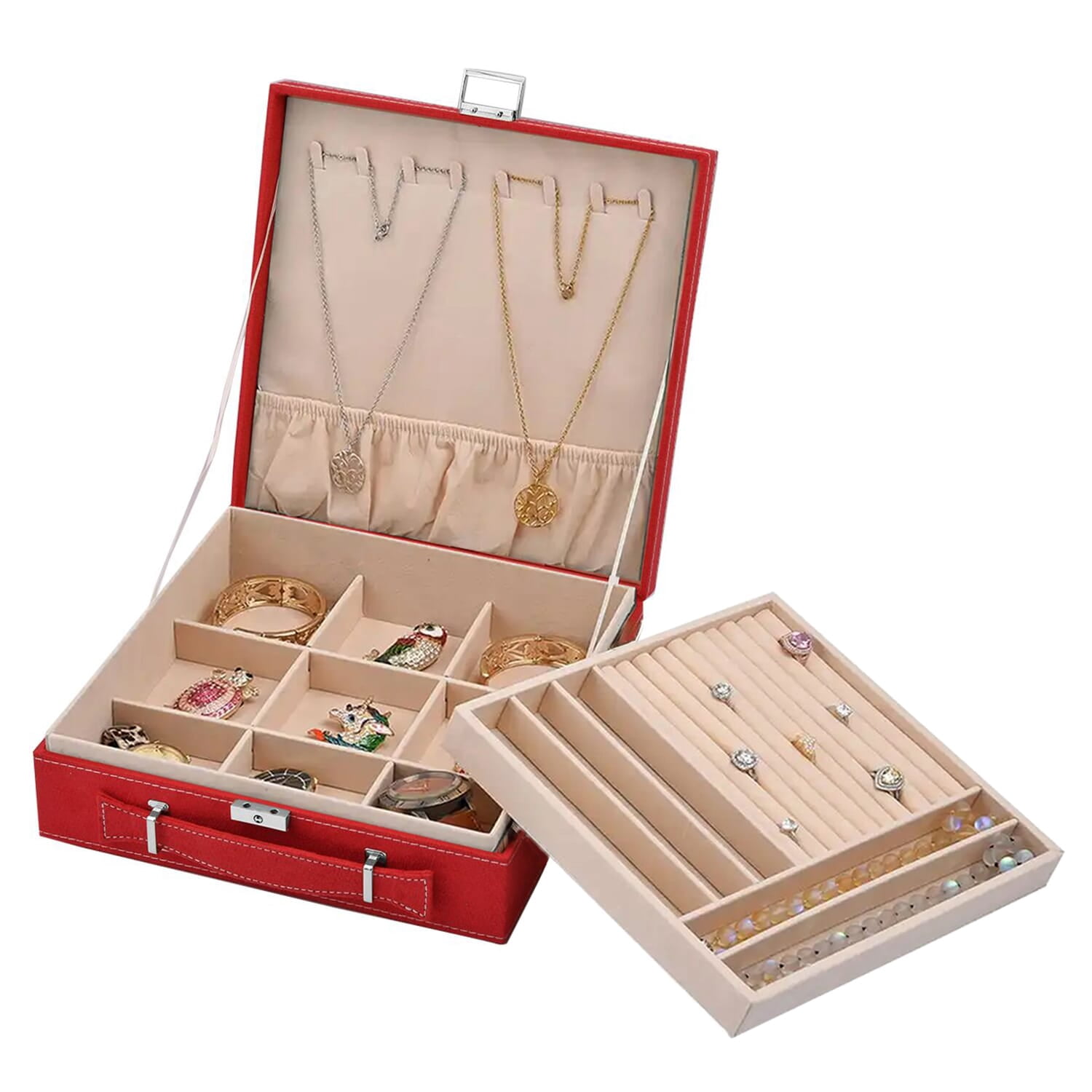 Red Color Velvet Briefcase Style 2-Tier Jewelry Box with -Tarnish and ...