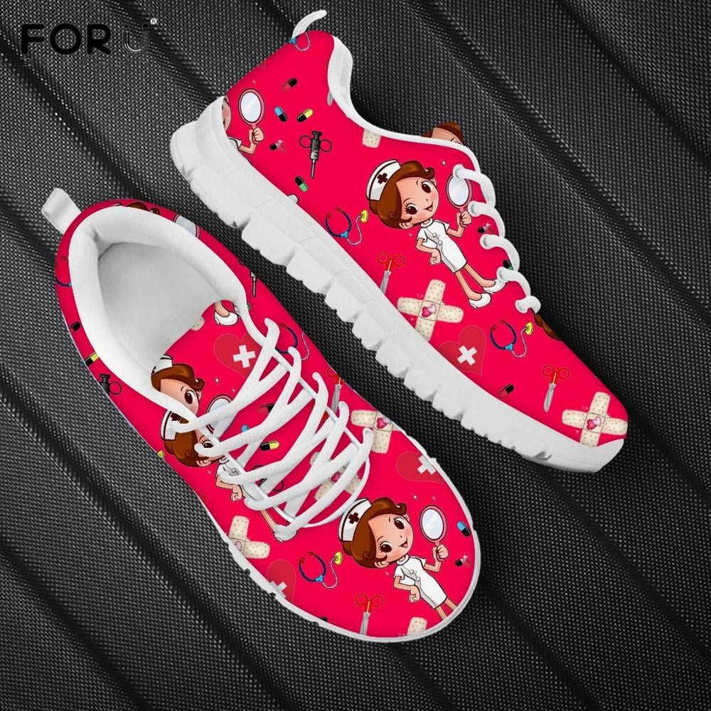 Red Color Women Flats Shoes Funny Cartoon Nurse Pattern Female Spring ...