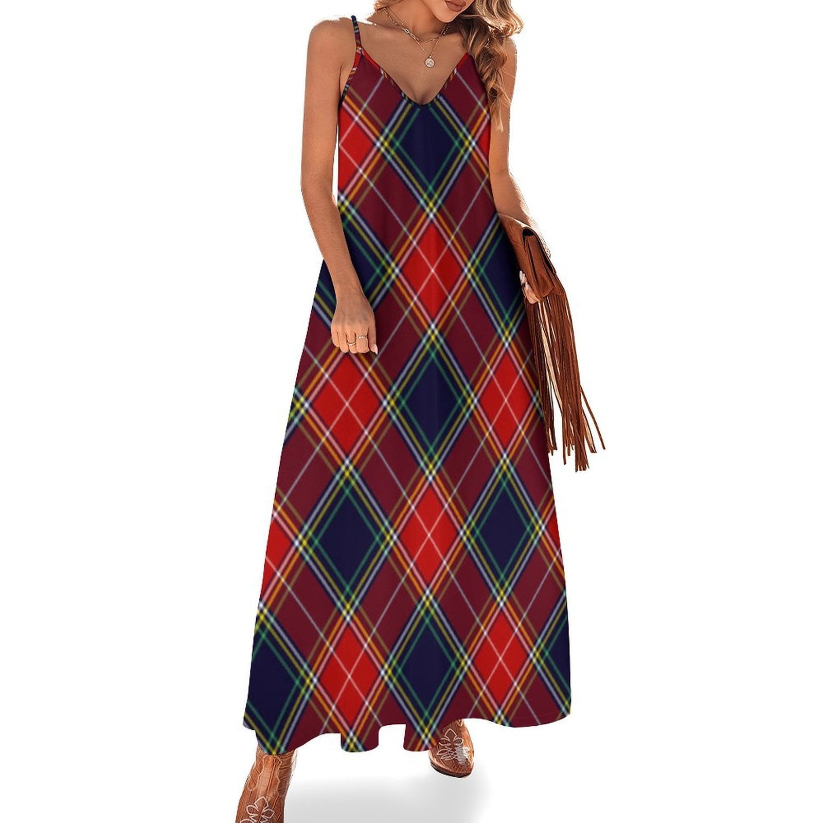 Red Colored Diamond Grid Sleeveless Dress Woman Fashion Long Dresses ...