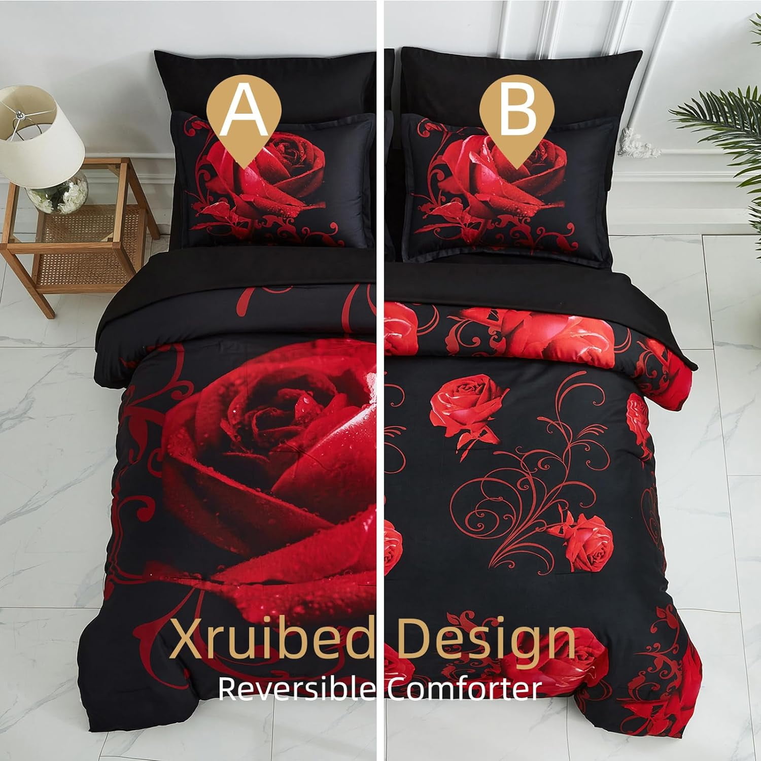 Red Comforter Set Queen 7 Piece Bed in a Bag Red Rose Flower Comforter ...