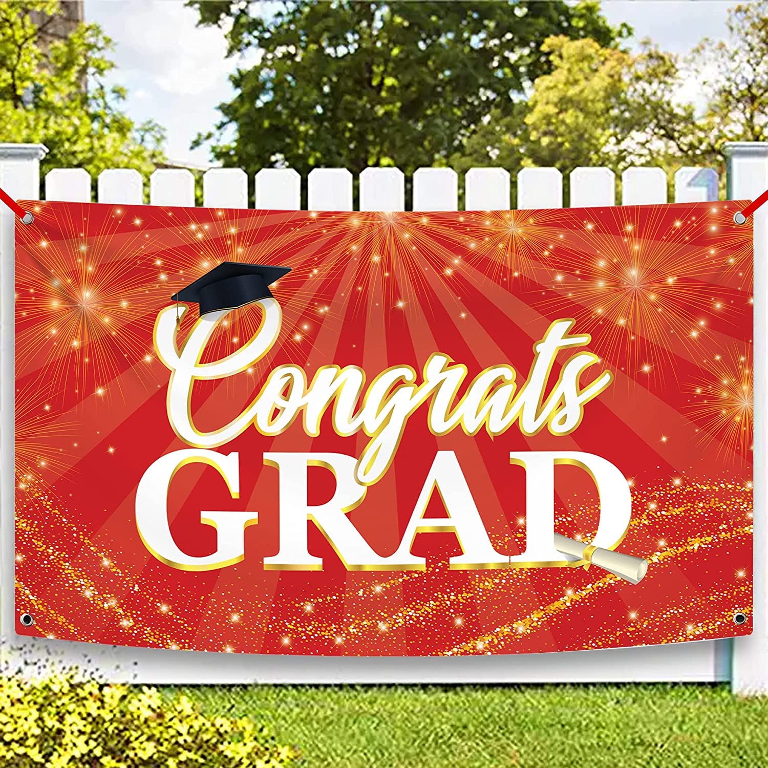 Red Congrats Grad Banner, Red and Gold Graduation Banner 2024 for Red ...