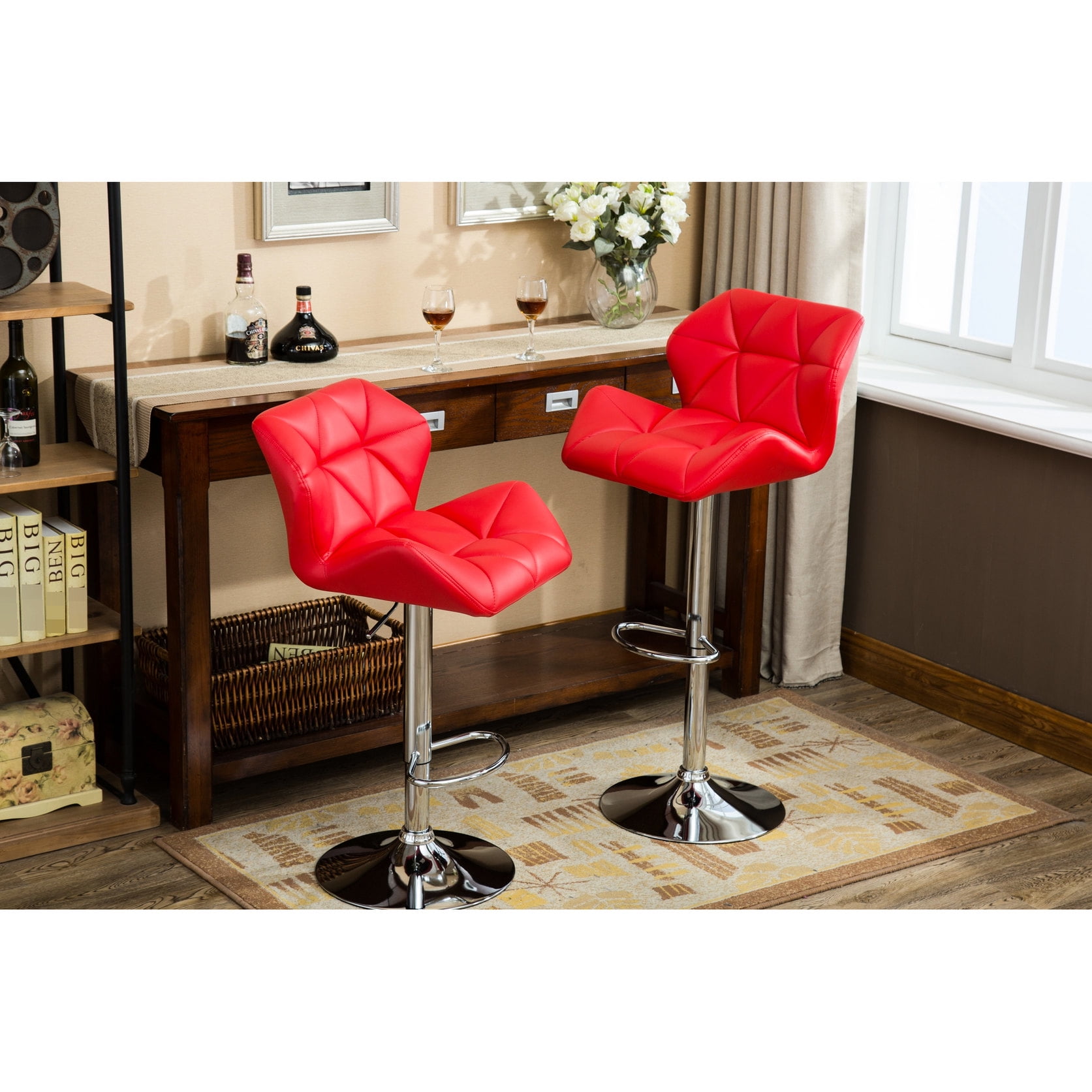 Red Contemporary Adjustable Bar Stools, Set of 2 | 360-Degree Swivel ...