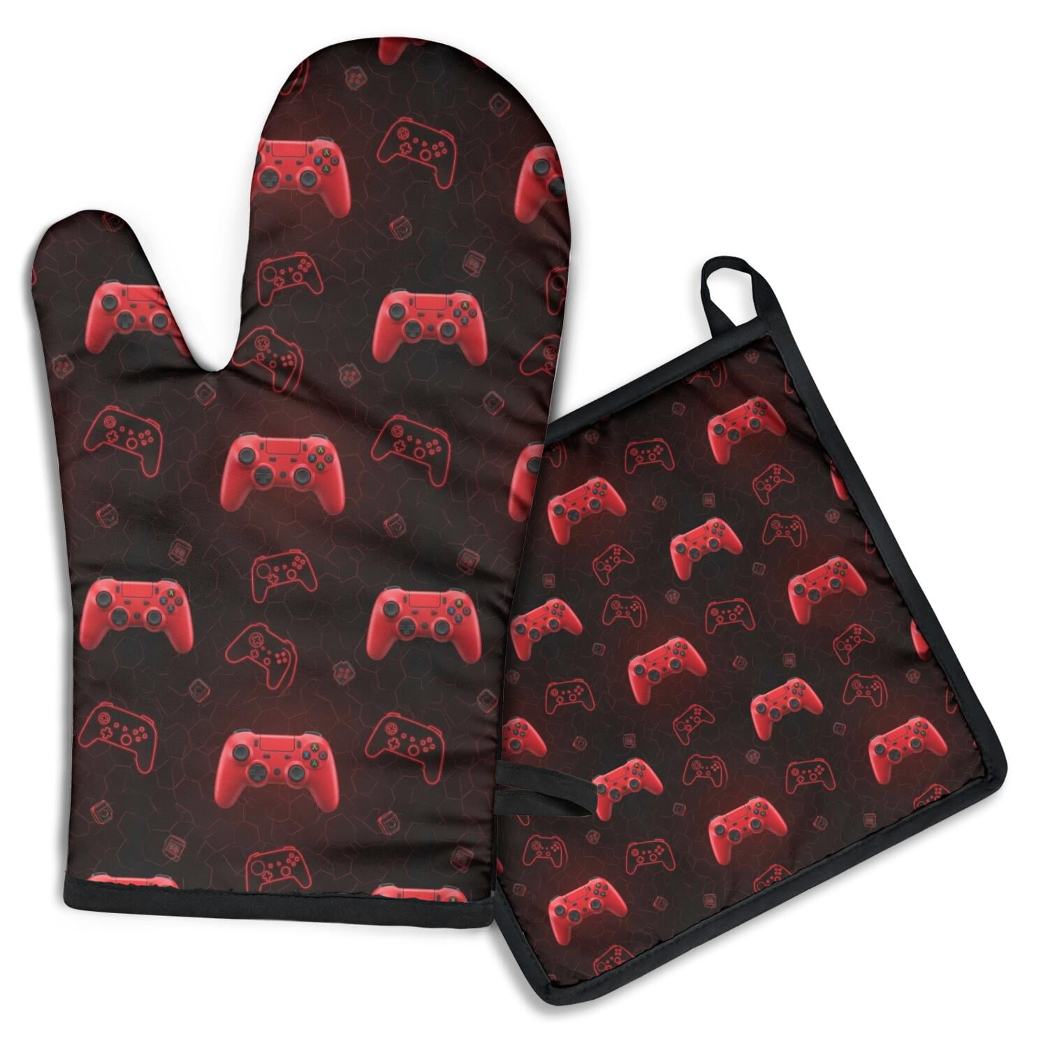 Red Controllers Games Icons Black Pattern Kitchen Oven Mitt and Pot ...