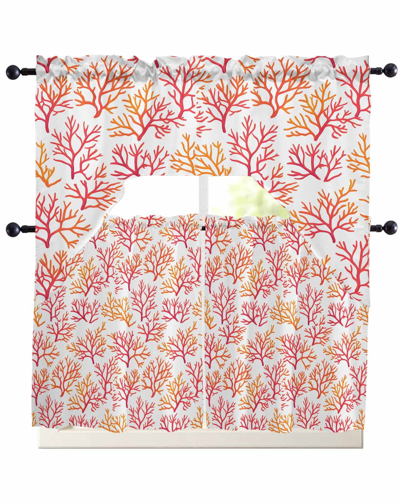 Red Coral Coastal Kitchen Curtains Swag Valance and Tier Curtains Set ...