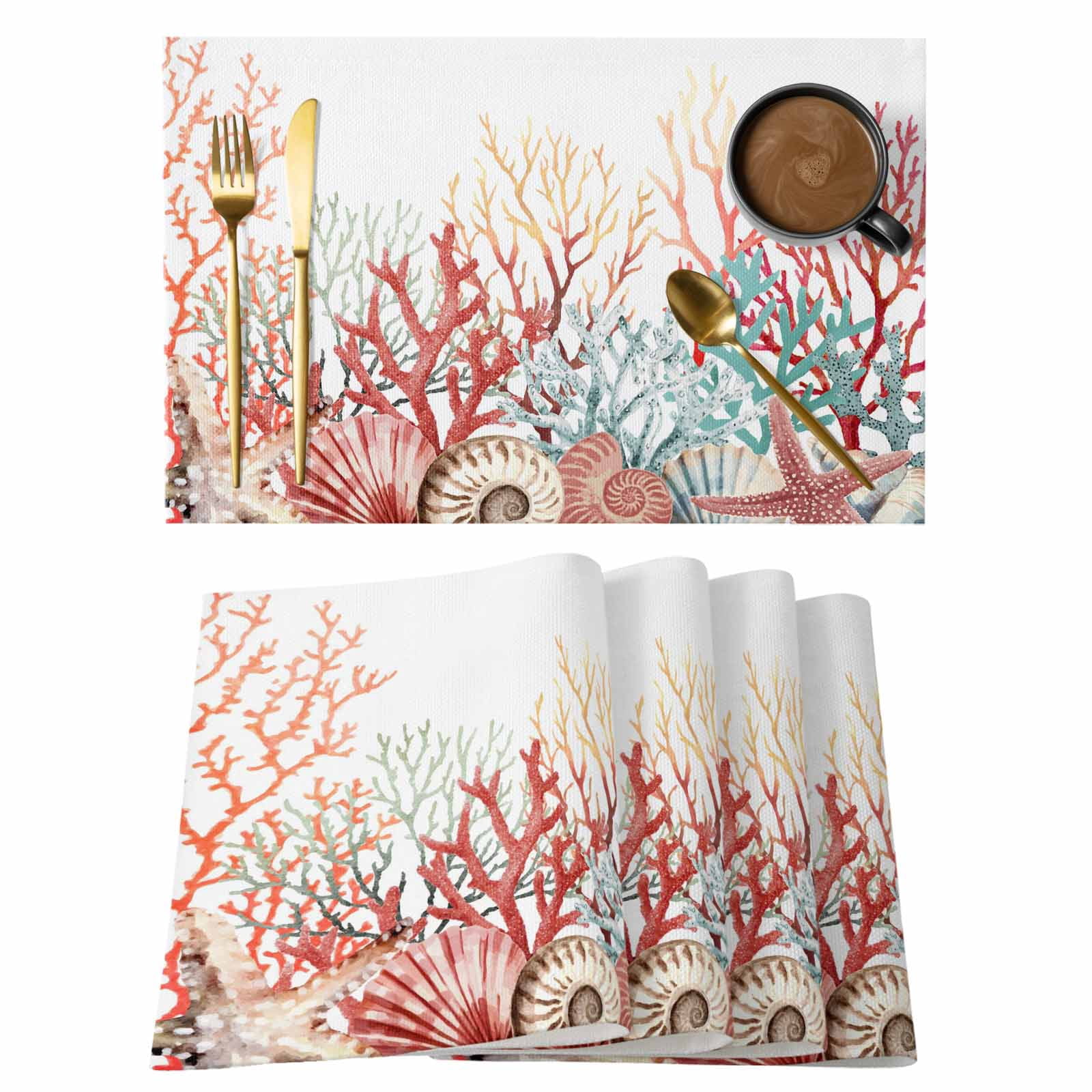 Red Coral Coastal Placemats Set of 8, Summer Beach Shells Starfish ...