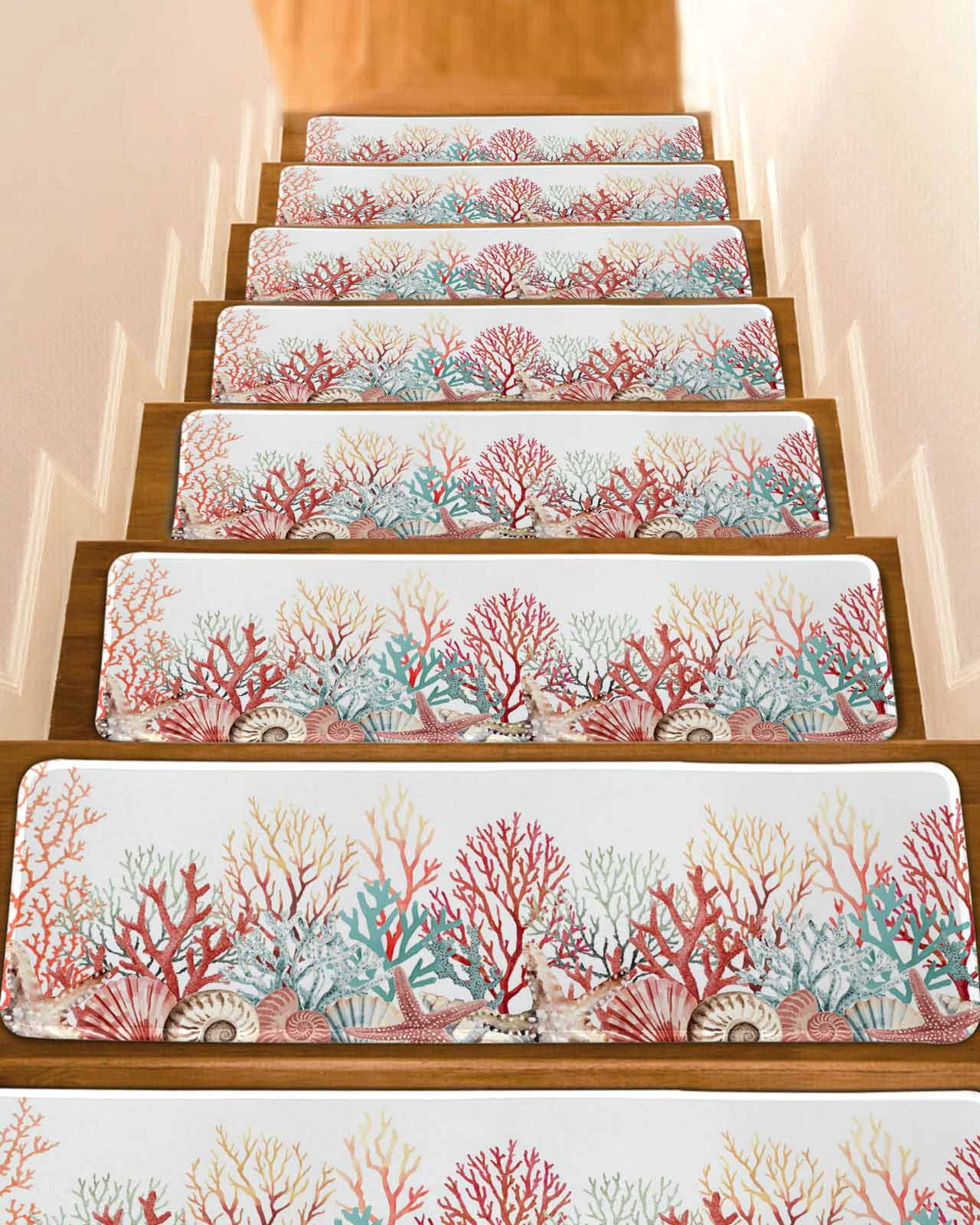 Red Coral Coastal Stair Treads for Wooden Steps Indoor Runner Rug ...