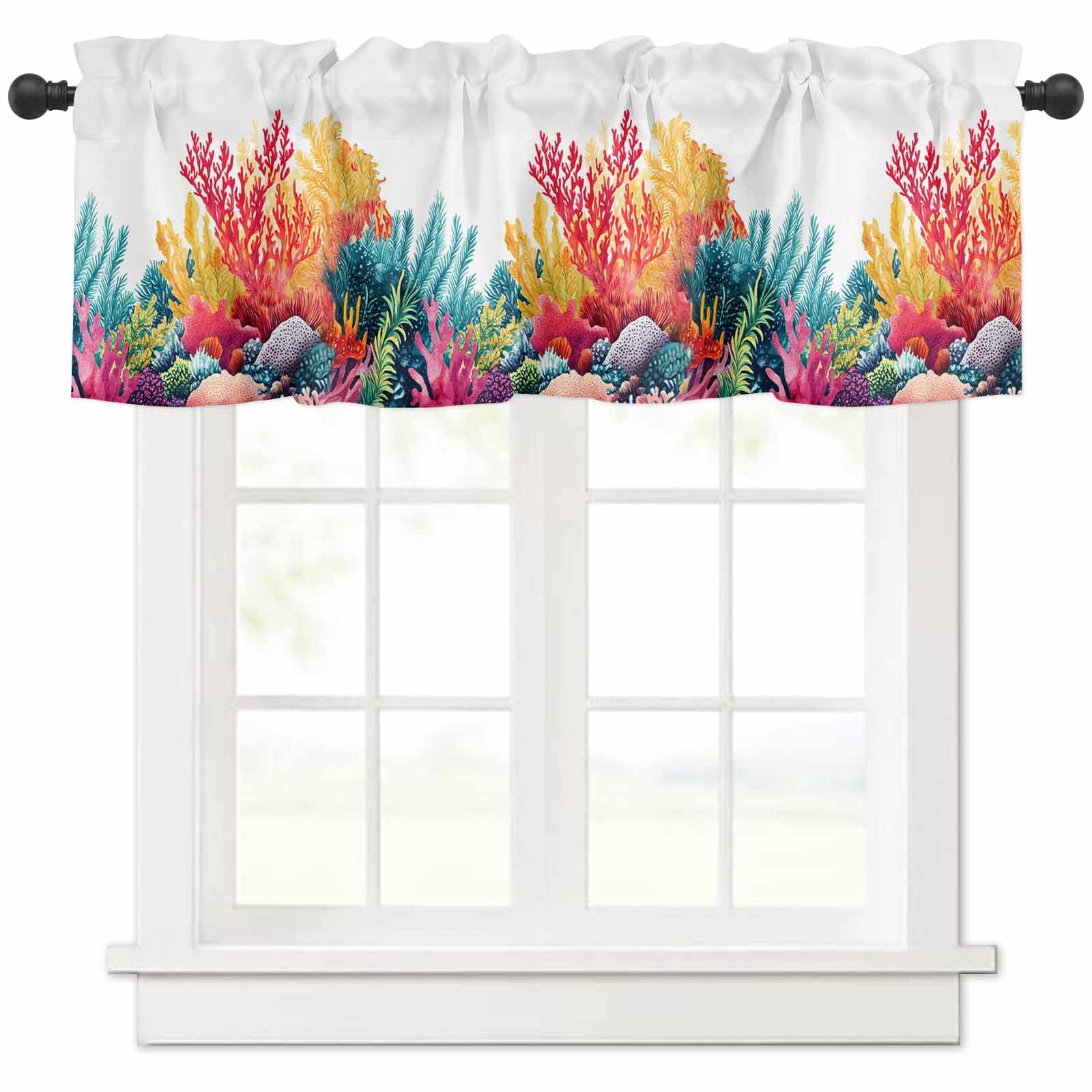 Red Coral Coastal Valances for Windows Farmhouse Kitchen Curtains ...