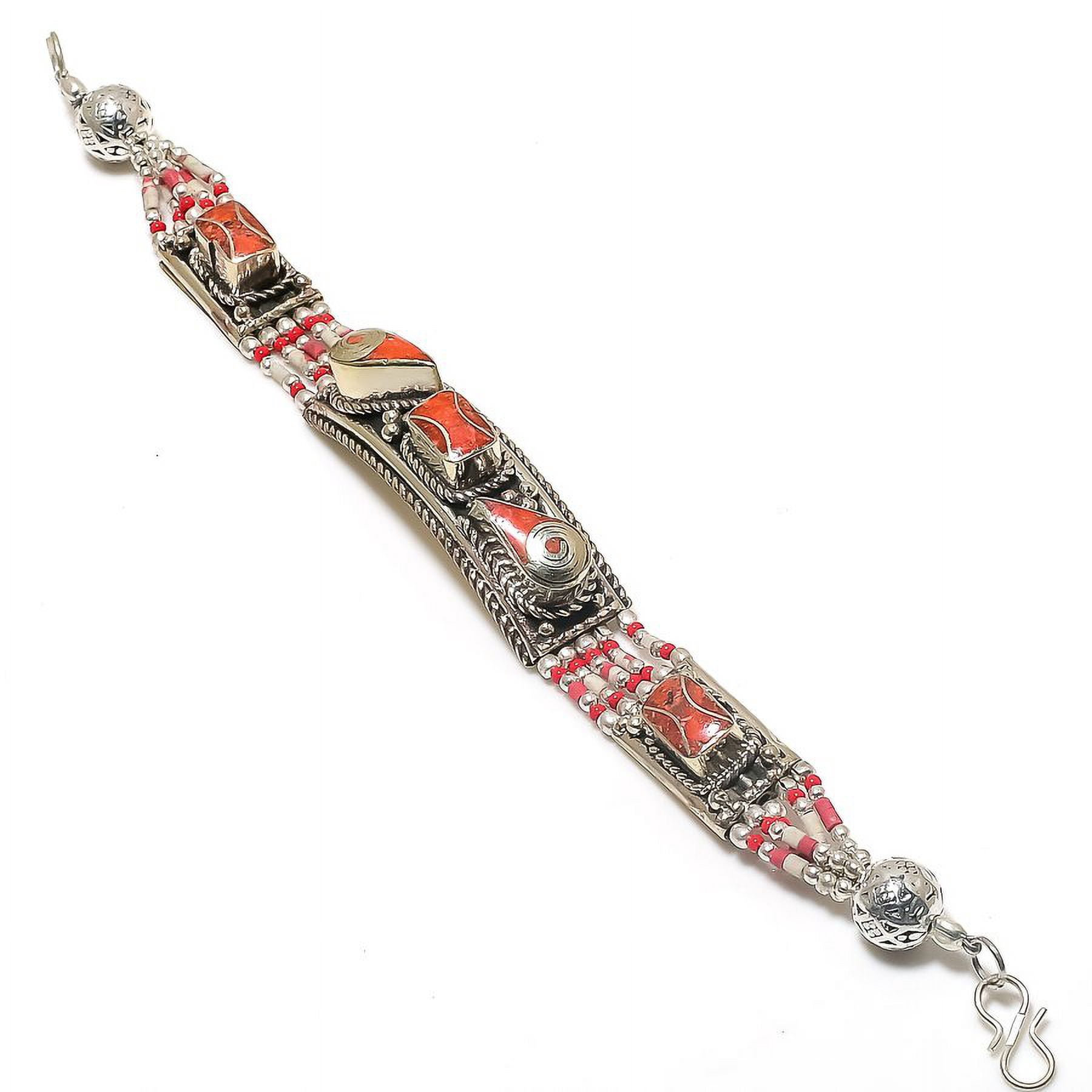 Red Coral Gemstone Bracelet Tibetan Silver Antique Nepali Jewelry 7-8 ...