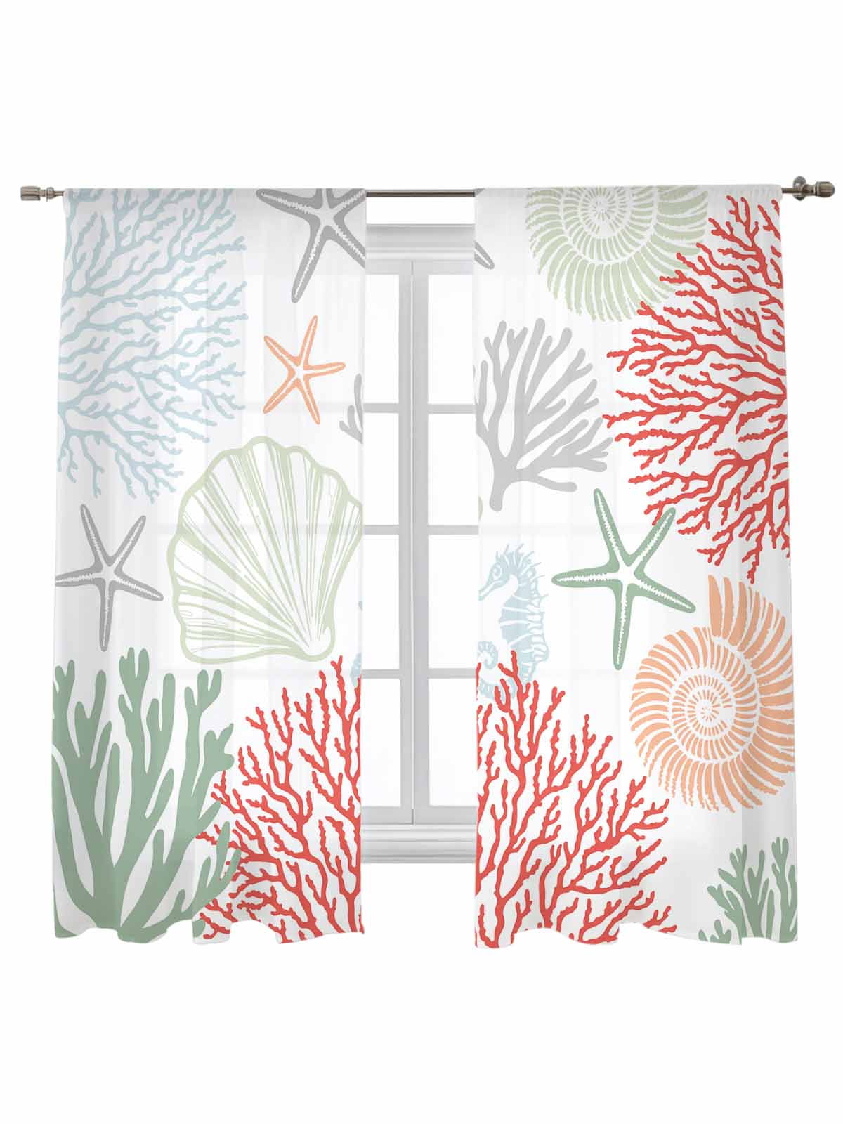 Red Coral Sheer Curtains 2 Panels Set Sage Green Starfish Ocean Coastal ...