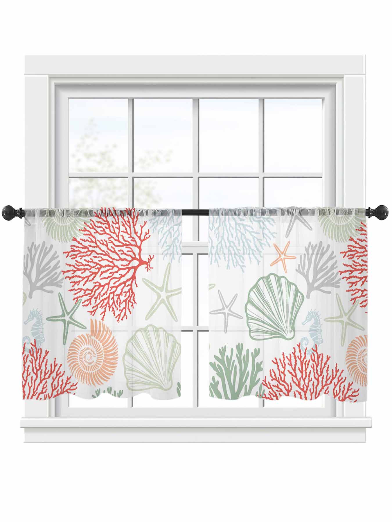 Red Coral Sheer Curtains 45 Inch Long 2 Panels, Sage Green Starfish ...