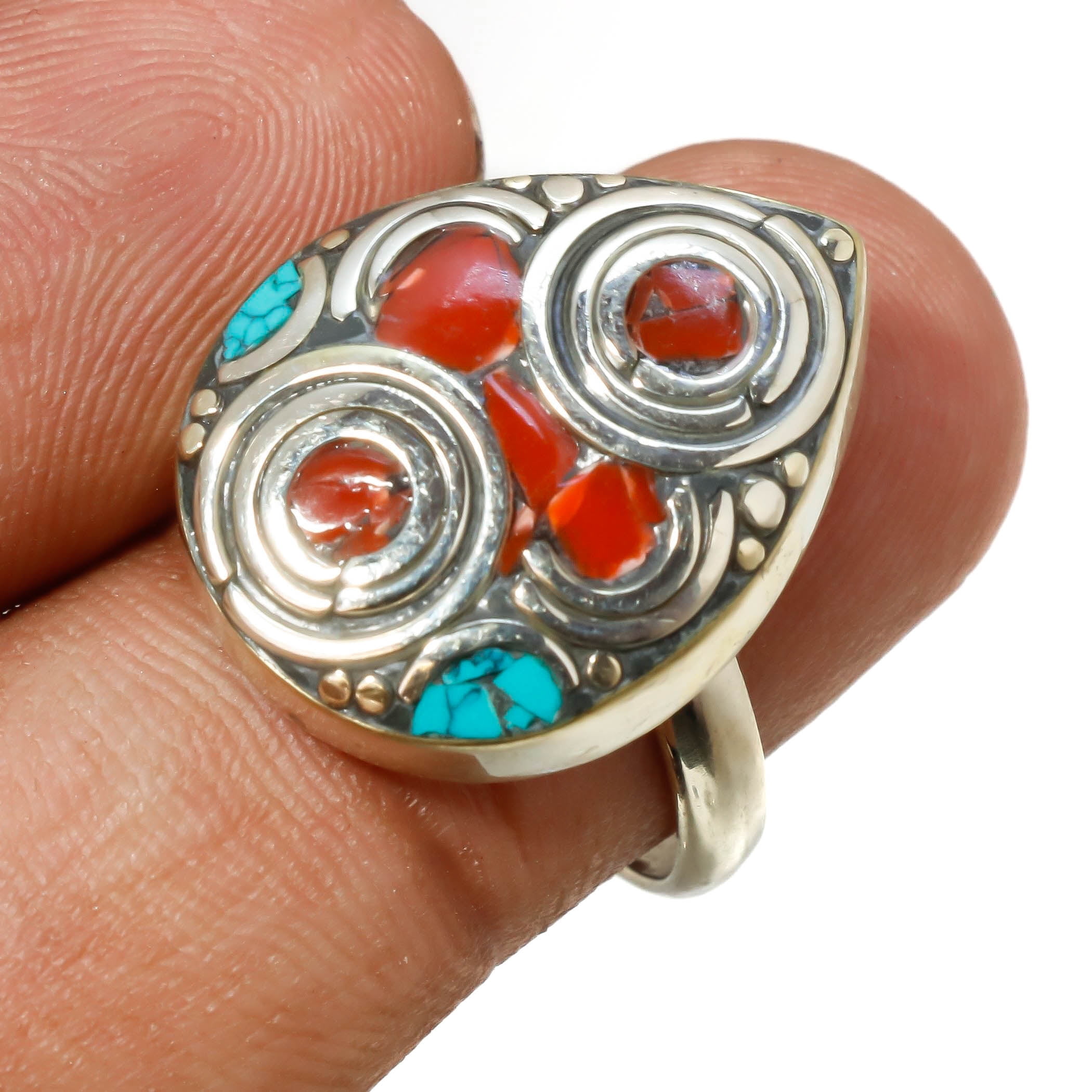 Coral Turquoise Gemstone Adjustable Ring Tibetan Silver Nepali Jewelry ...