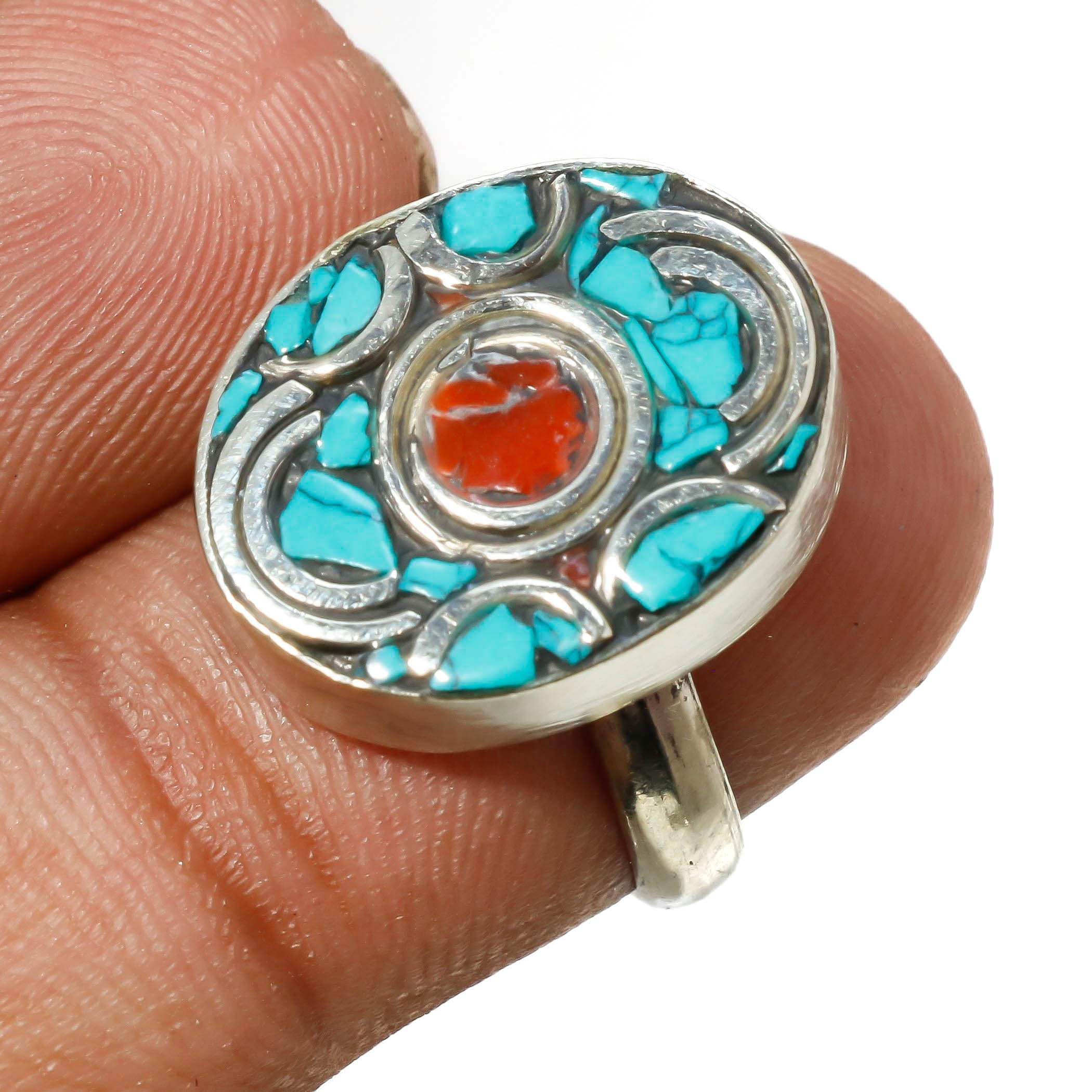 Red Coral Turquoise Handmade Ethnic Baho Adjustable Jewelry Ring Nepali ...