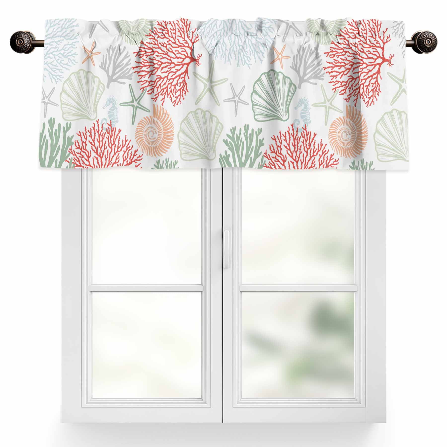 Red Coral Valances for Windows, 60 x 18in, Sage Green Starfish Ocean ...
