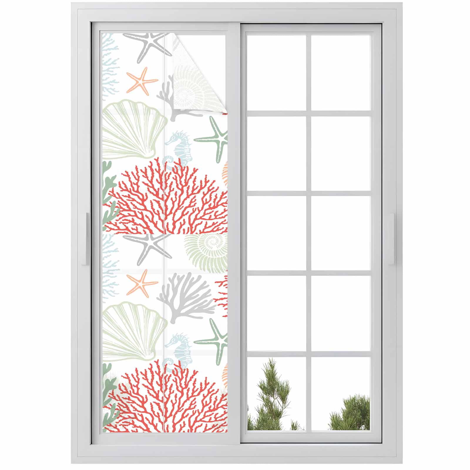 Red Coral Window Privacy Film Sage Green Starfish Ocean Coastal ...