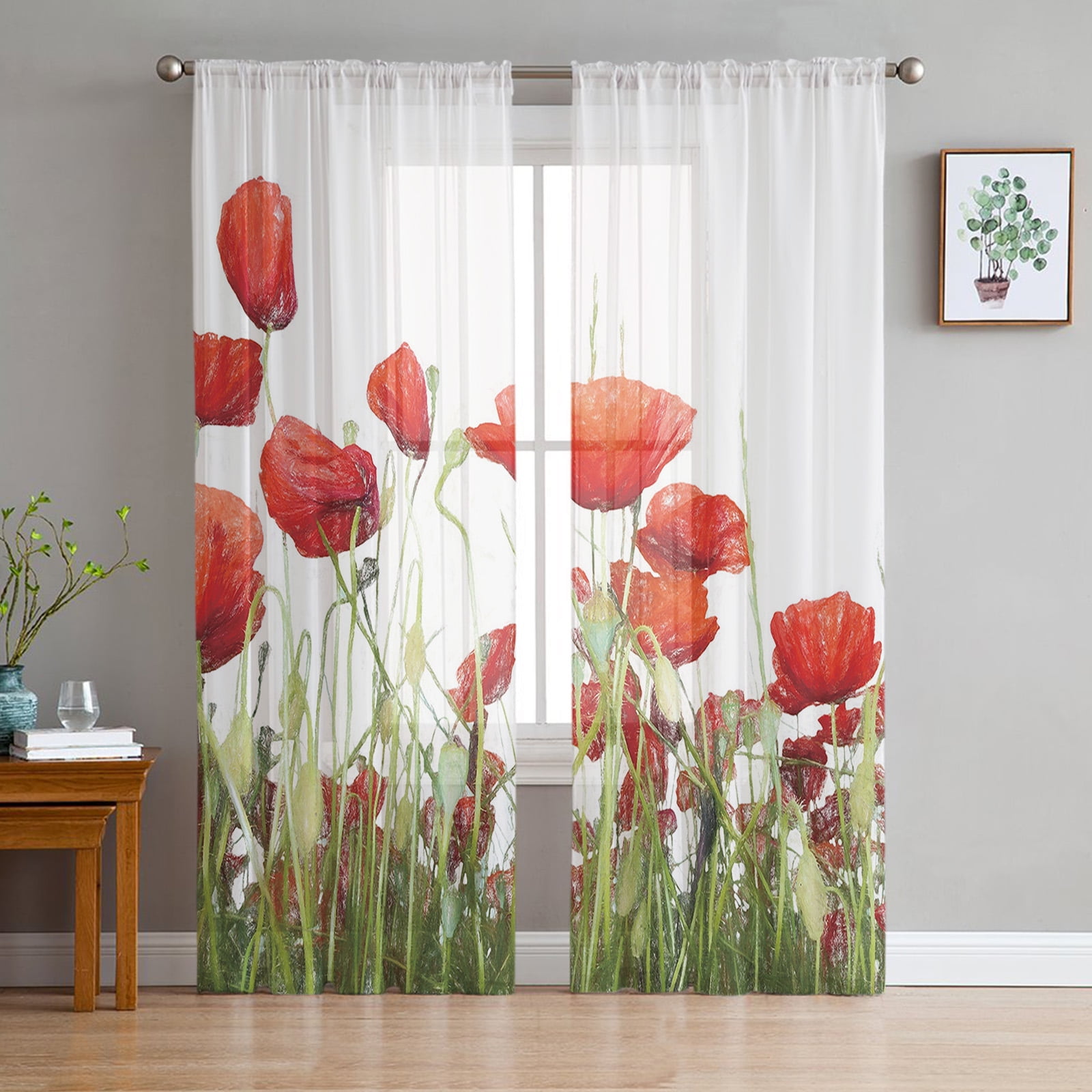 Red Corn Poppy Flower Tulle Curtains for Living Room Drapes Window ...