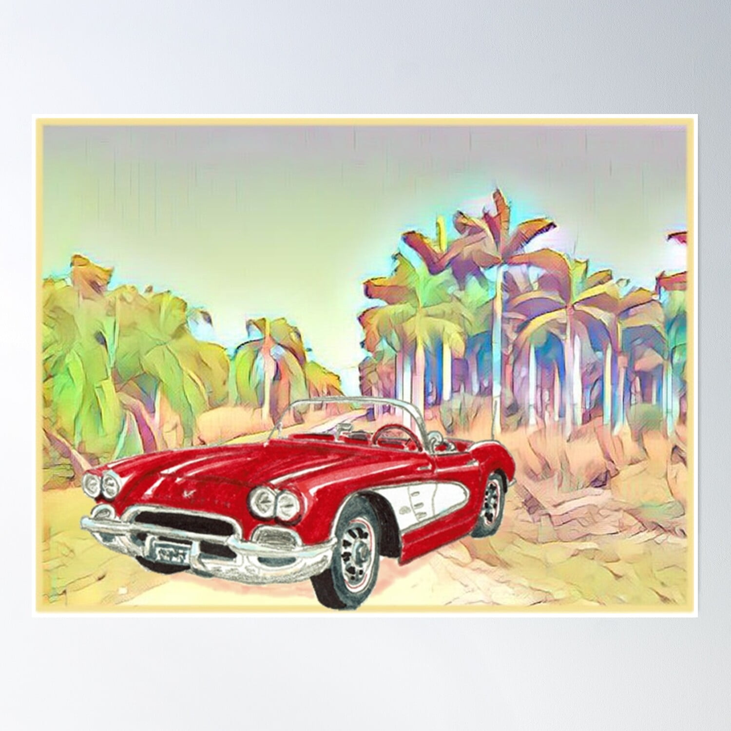 Red Corvette In Palm Grove Poster Wall Art, Modern Wall Decor, 12x18 ...