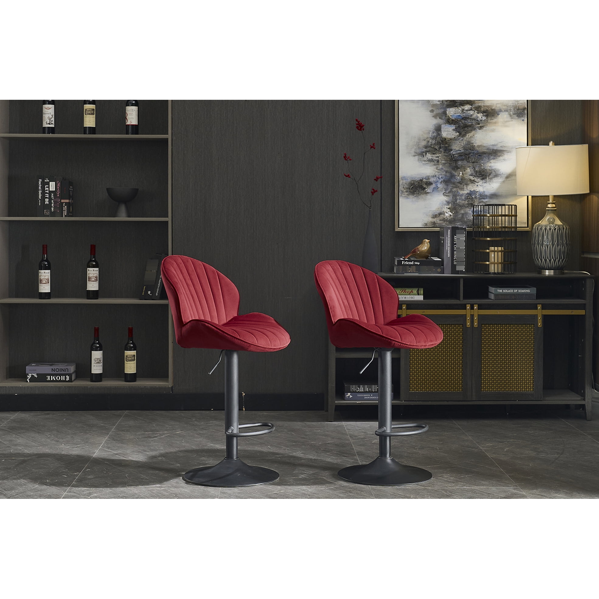 Red Counter Height Bar Stools Of 2 - Adjustable Chairs With And ...