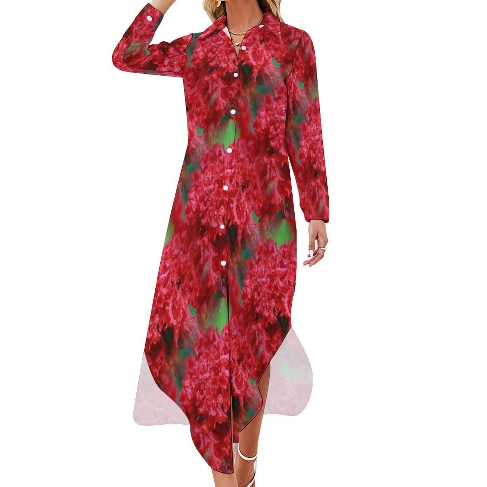 Red Crape Myrtle Long Sleeved Shirt Dress Woman clothing Woman clothes ...