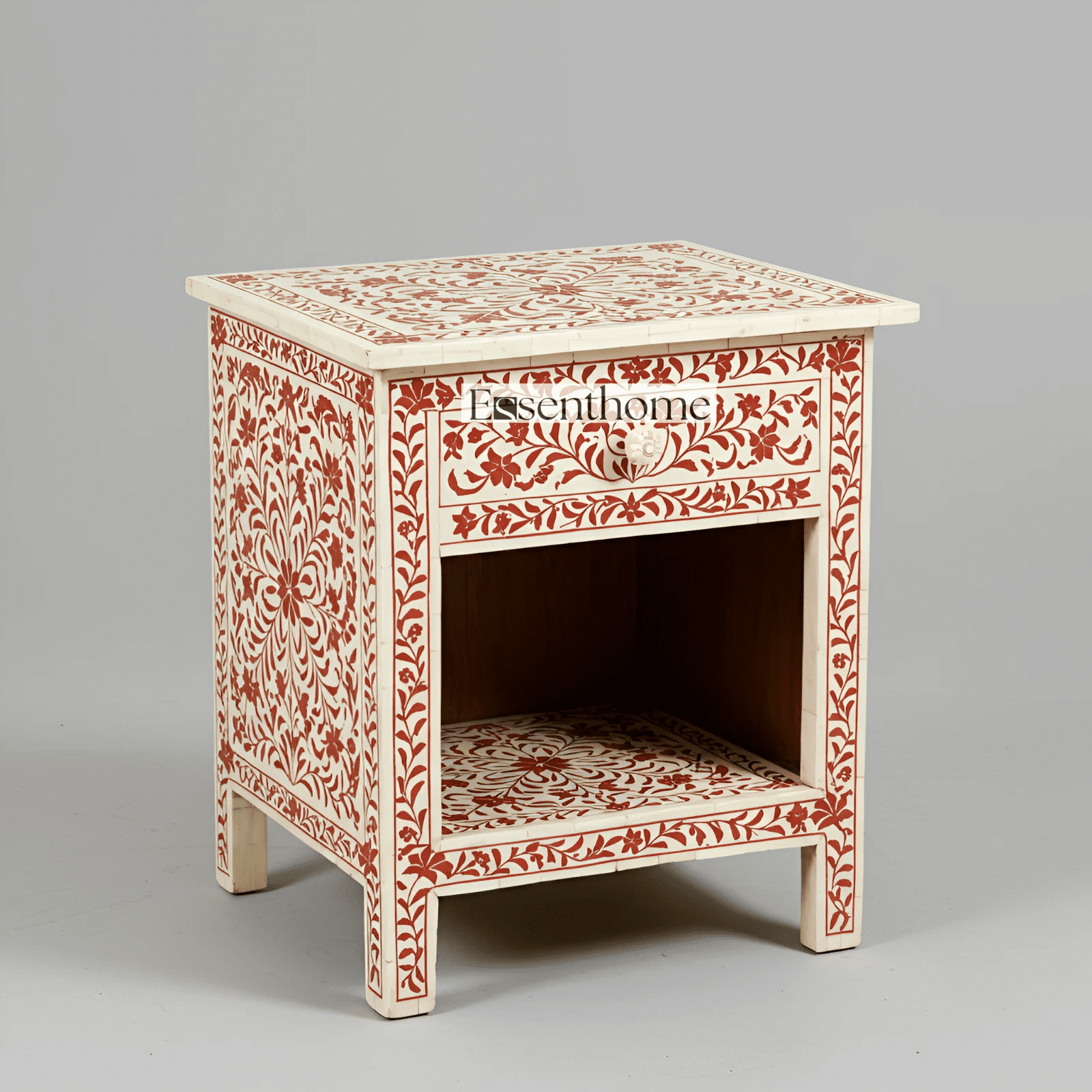 Red & Cream Floral Bone Inlay 1-Drawer Nightstand | Handmade Indian ...