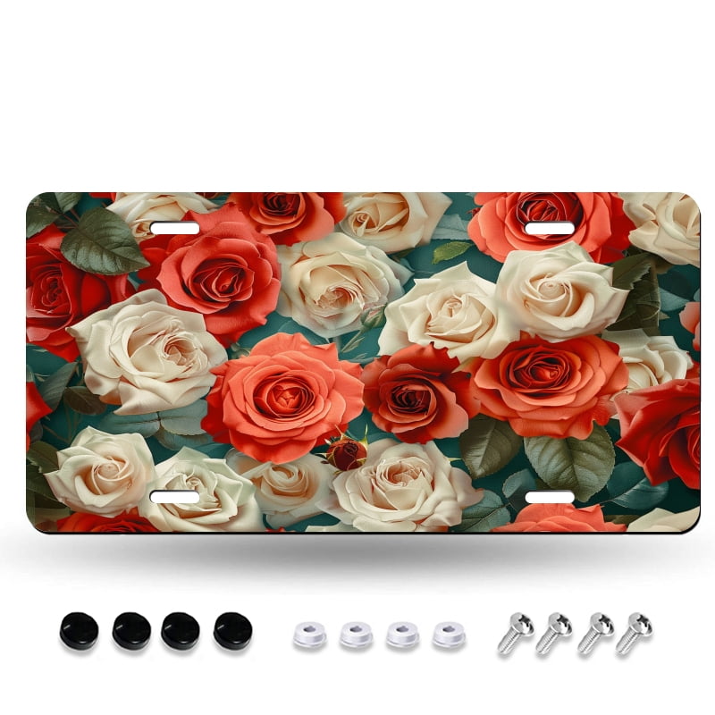 Red and Cream Roses with Green Leaves on The Background License Plate ...