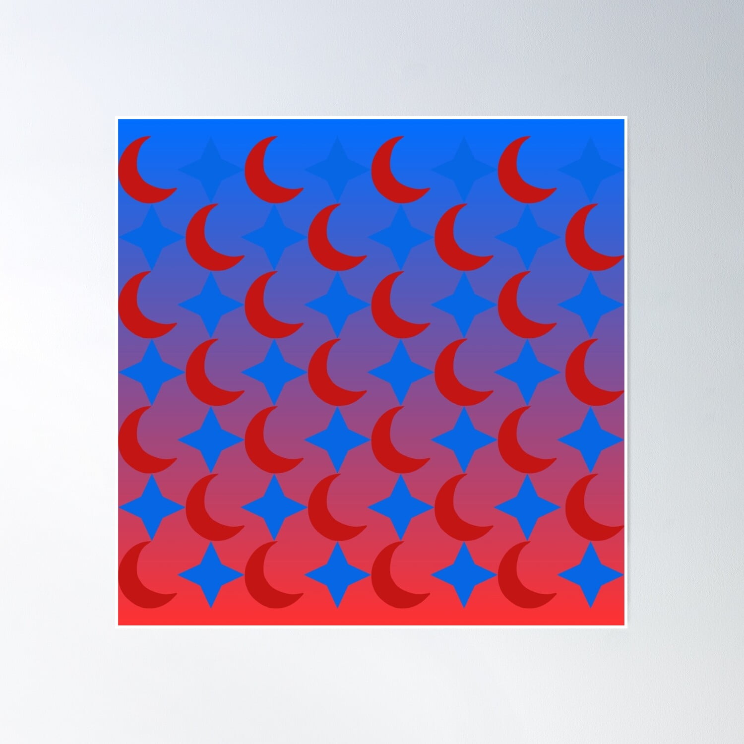 Red Crescent Moon/Blue Star Pattern/Gradient Sky Poster Wall Art ...