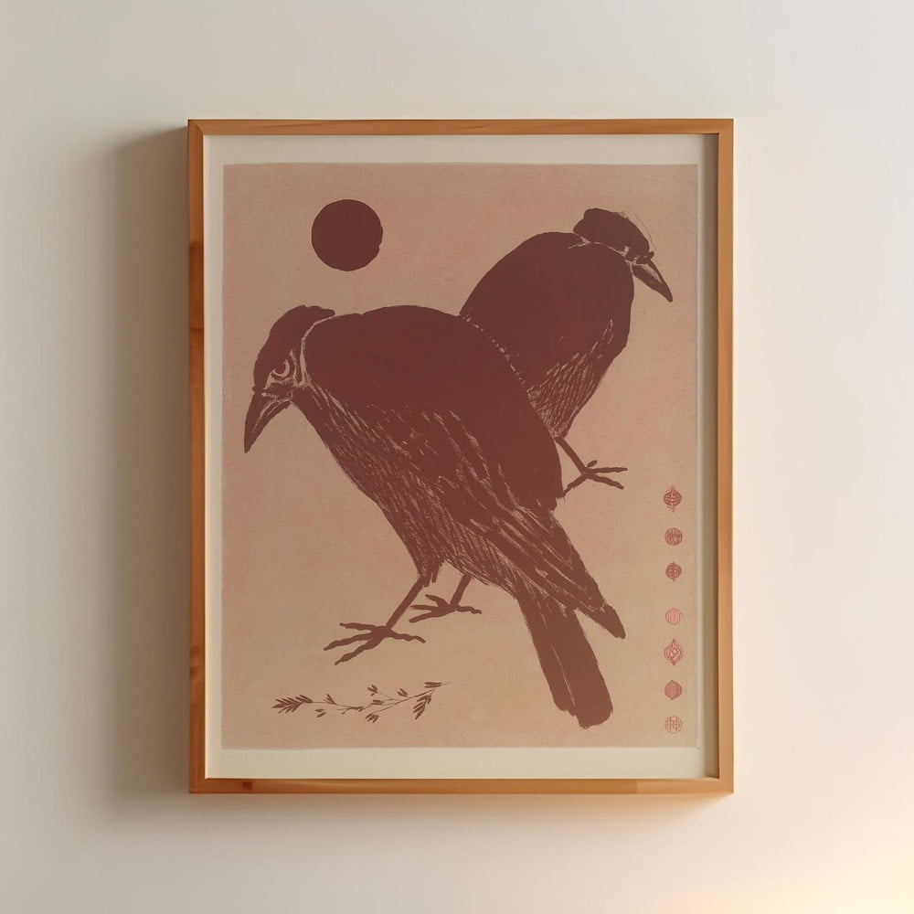 Red Crow Norse Folk Art Poster Mystical Moon Illustration Flowery ...