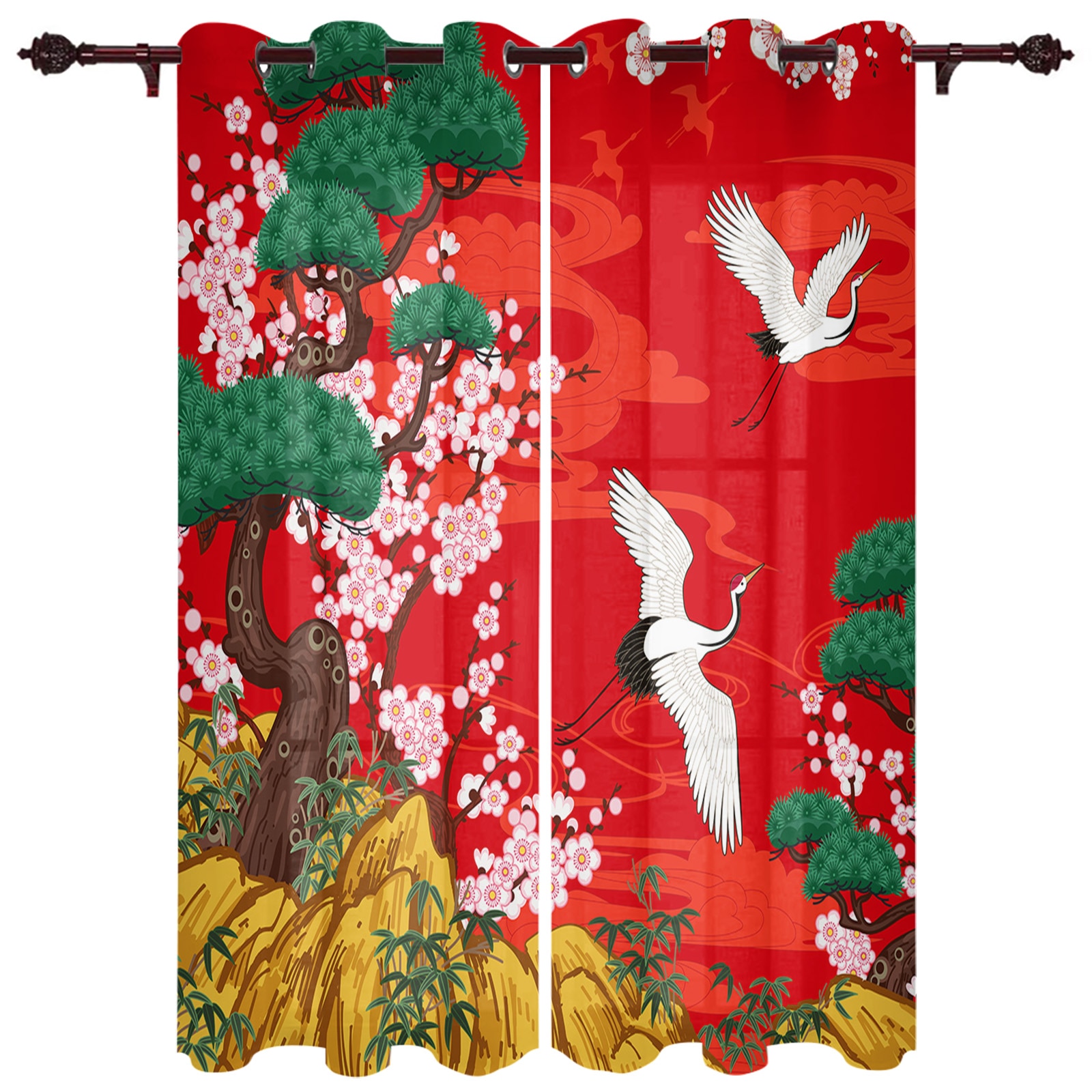 Red-Crowned Crane Flowers Kitchen Curtain Kids Bedroom Living Room ...