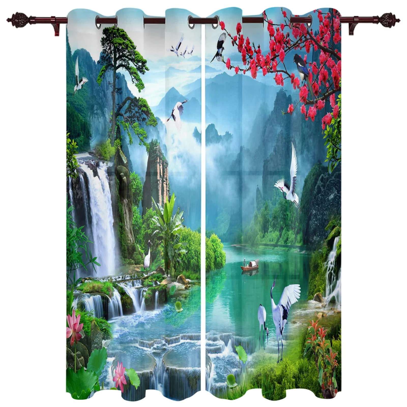Red-Crowned Crane Flowers Kitchen Curtain Kids Bedroom Living Room ...