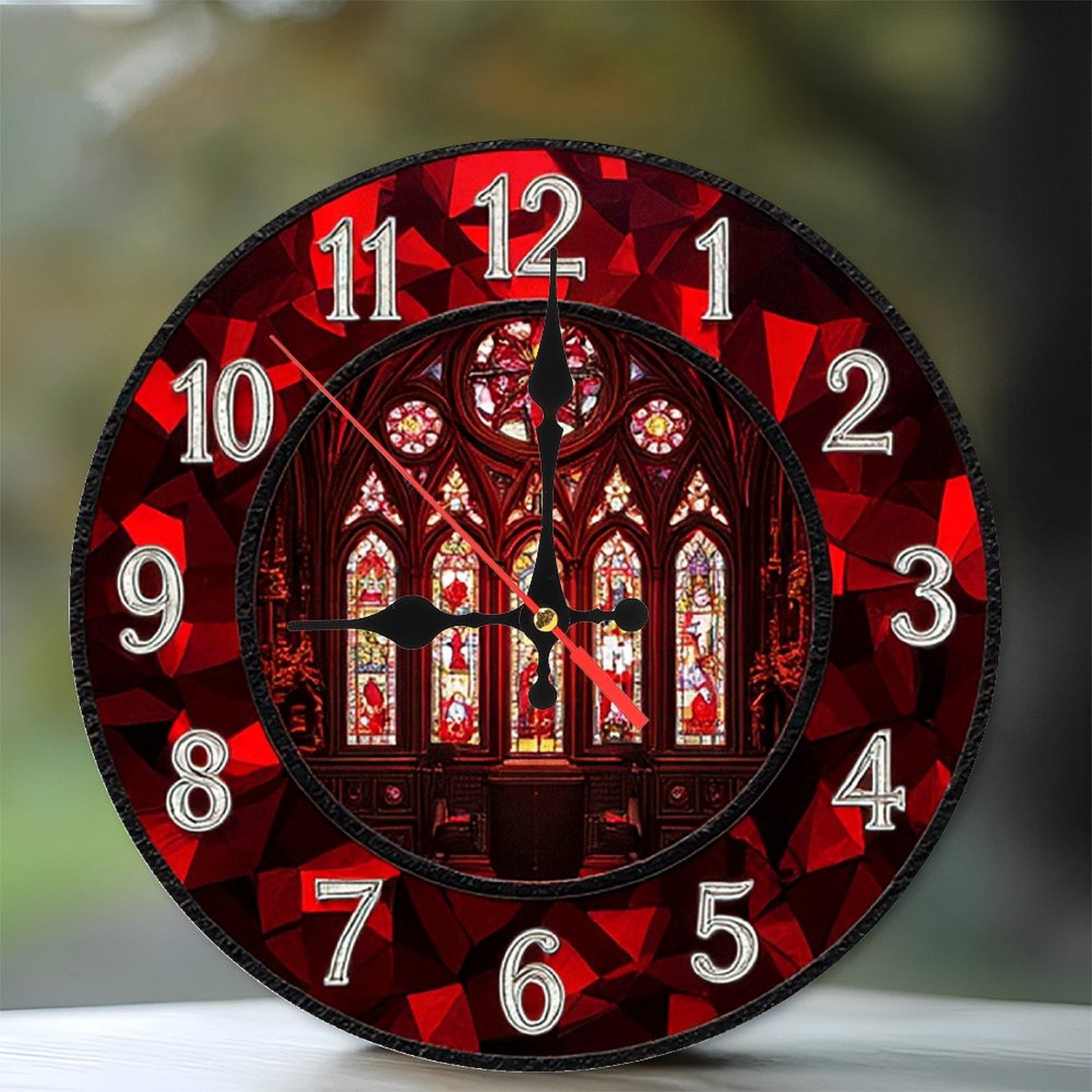 Red Crystal Gothic Stained Glass Wall Clock 10-Inch Silent Wooden Wall ...