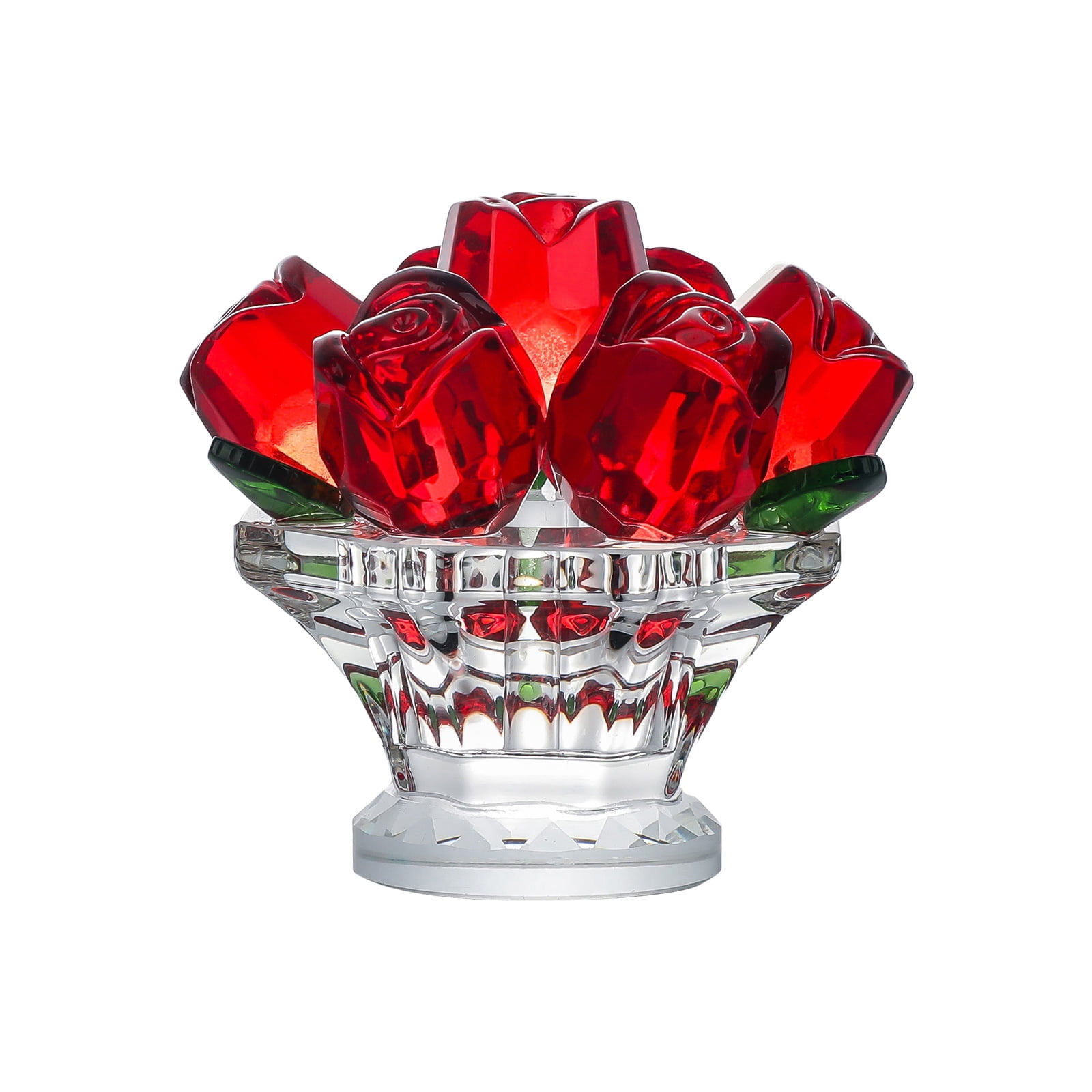 Red Crystal Rose Flower Figurine with Base,Glass Flower Bouquet Gifts ...