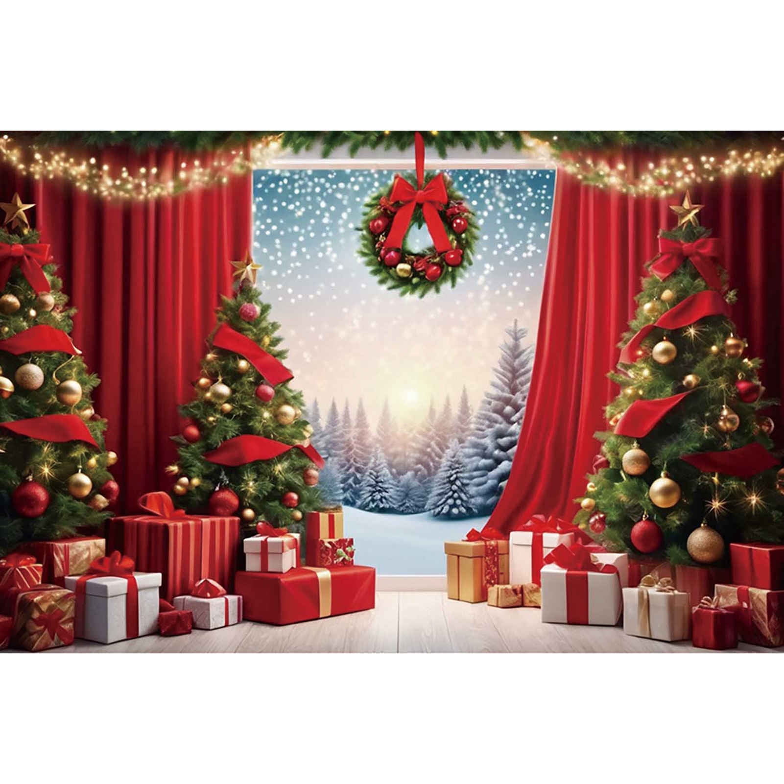 Red Curtains Luxury Large Christmas Tree Backdrop New Year Photography ...