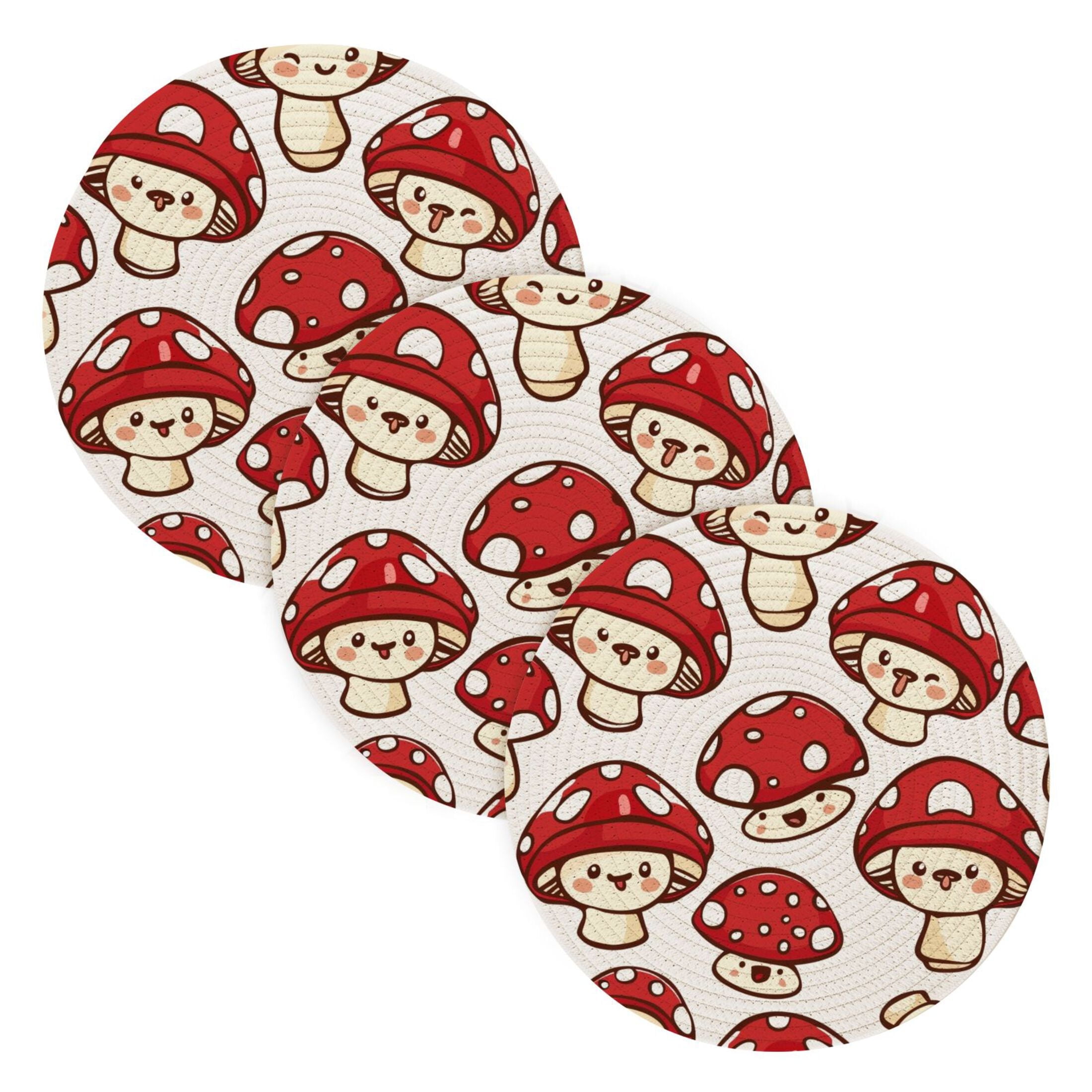 Red Cute Mushrooms 3 Pcs Pot Holders Trivets Set Woven Heat-Resistant ...