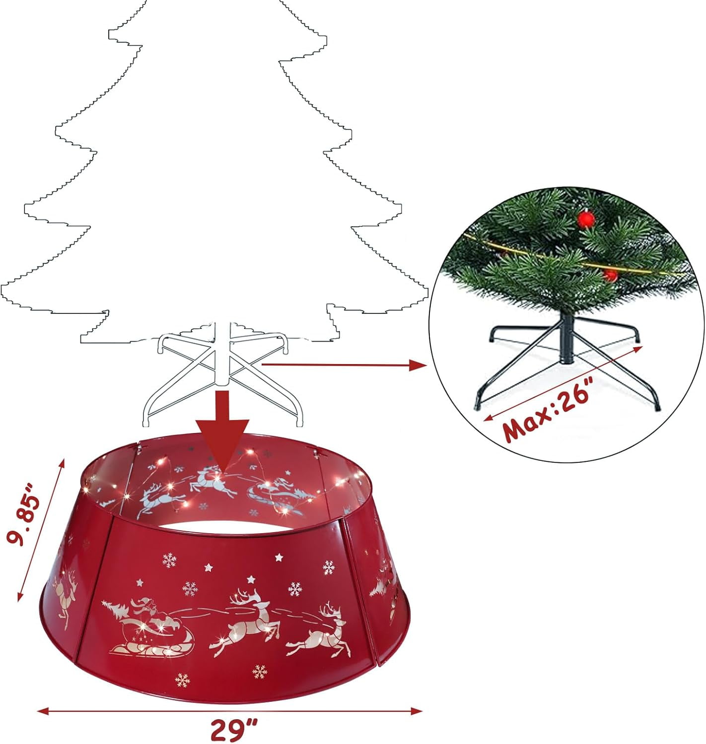 Red Cutout Santa on Sleigh Christmas Tree Collar, Metal Christmas Tree ...